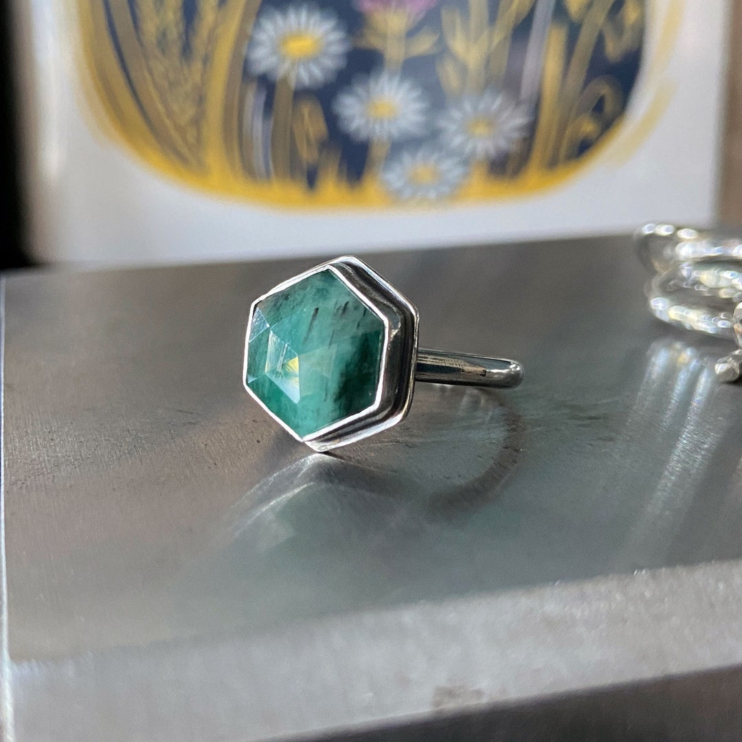 Emerald Hexagon Rings, Made to Order Emerald Ring, Sterling Silver Ring ...