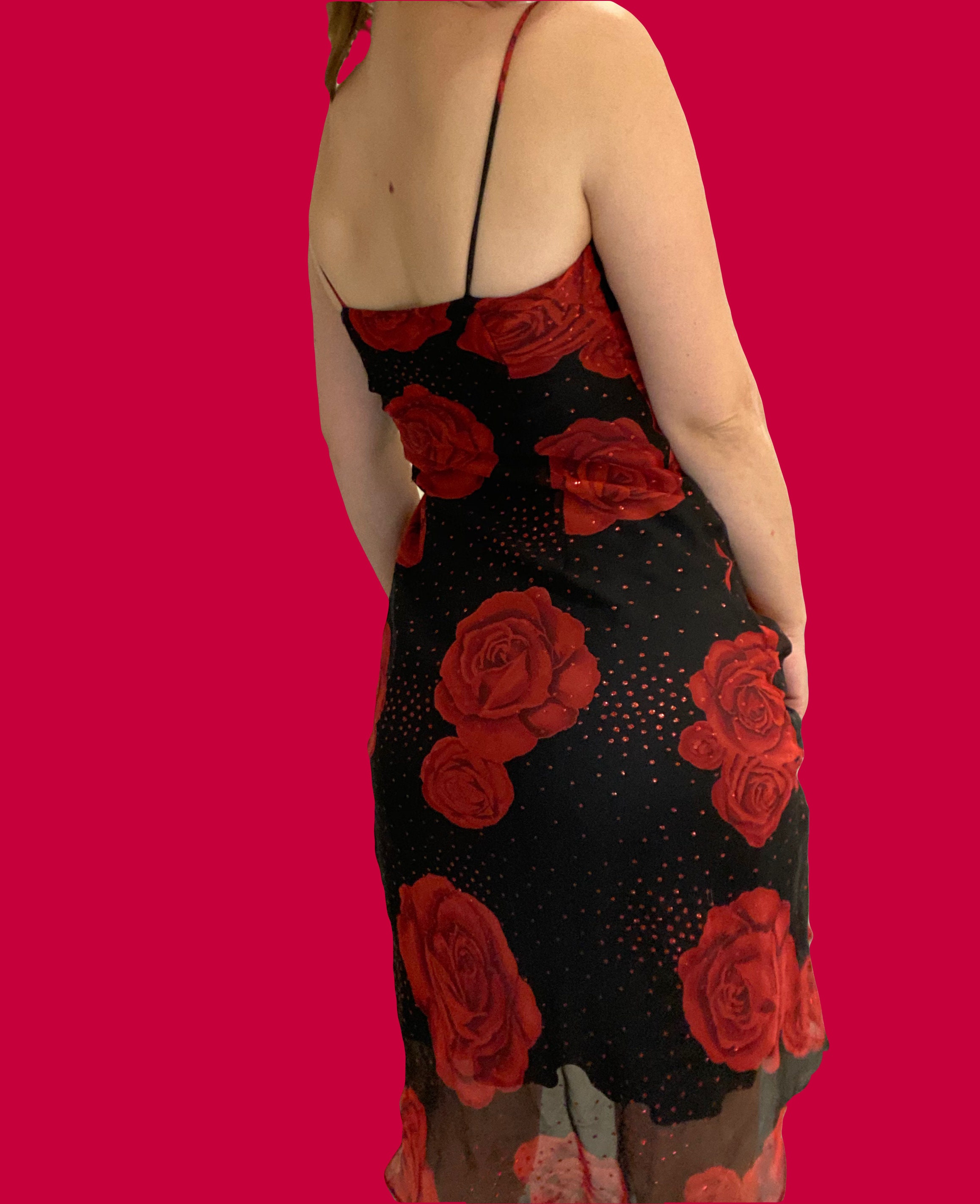Black and Red Rose Spaghetti Strap Polyester Dress With Glitter Polka ...
