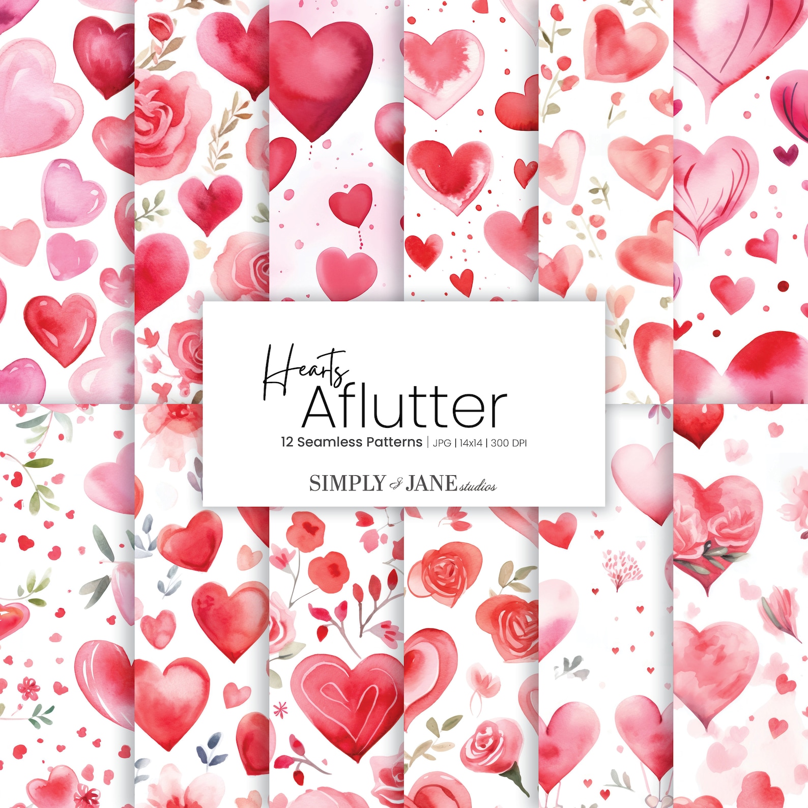 Hearts Aflutter Valentine's Day Patterns | Watercolor Repeatable Set ...