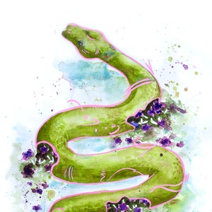 Python Print, Green Snake Fantasy Painting, Flower Wall Decor, Snake ...