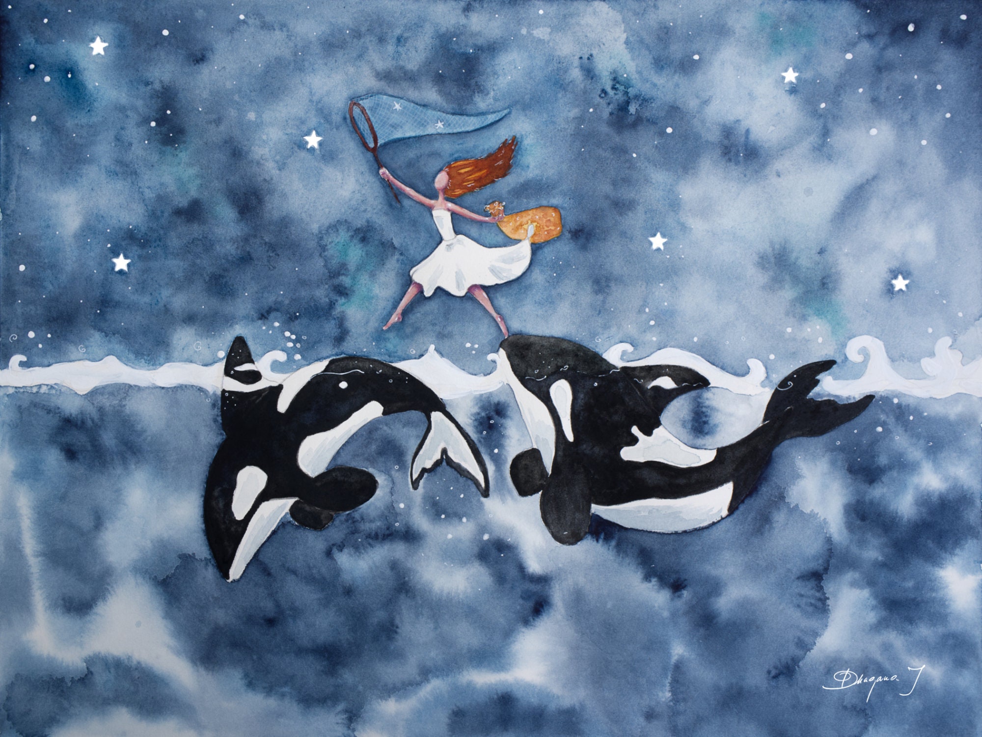 Orca Painting, Girl Nursery Artwork, Ocean Art, Girl Chasing Stars ...