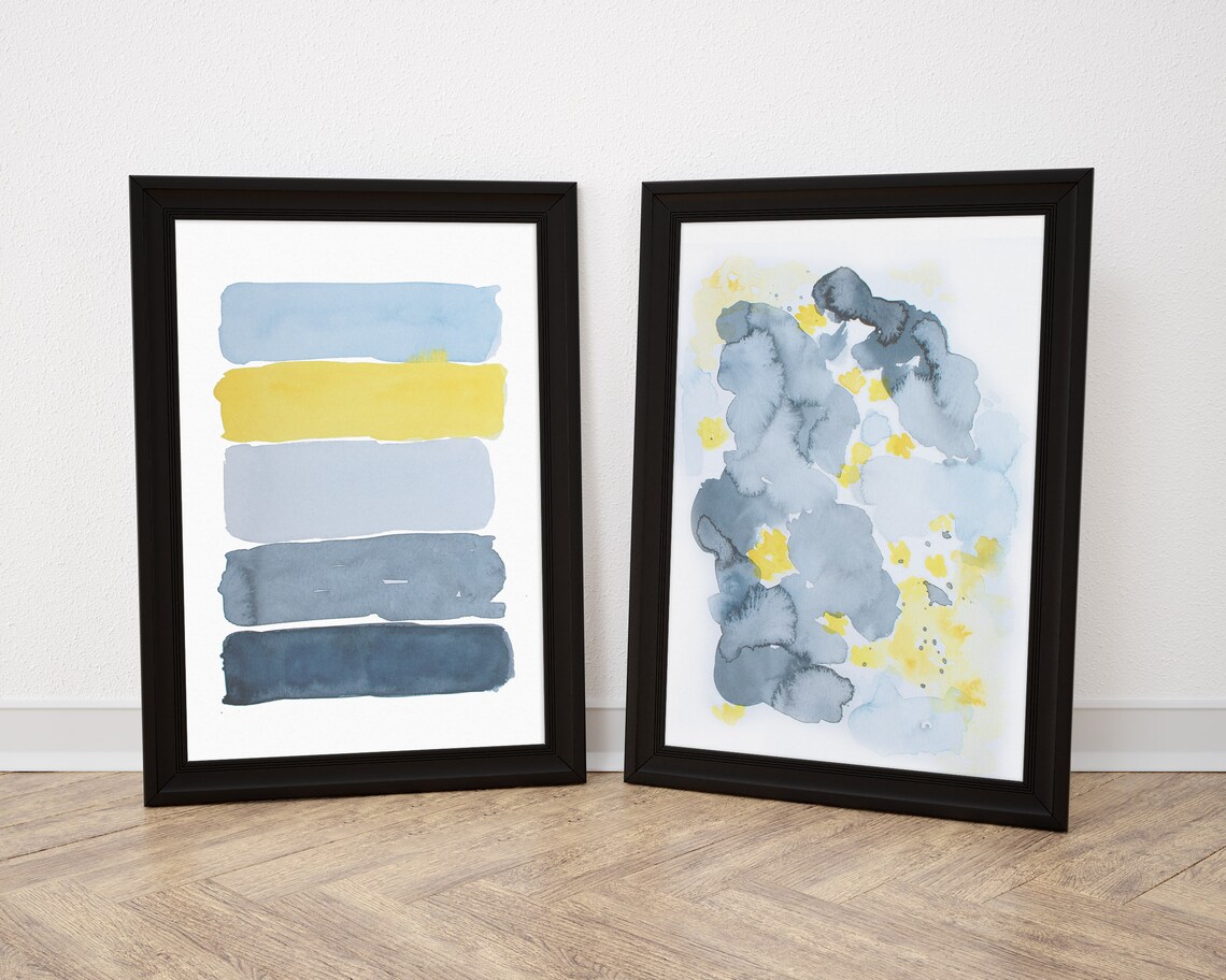 Blue Yellow Print Set of Two Abstract Art Abstract | Etsy