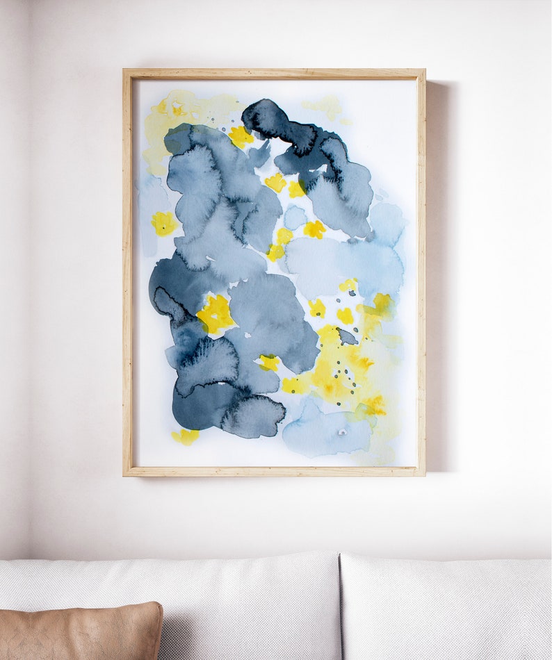 Yellow Flower Print Abstract Painting Blue Yellow Art Blue | Etsy