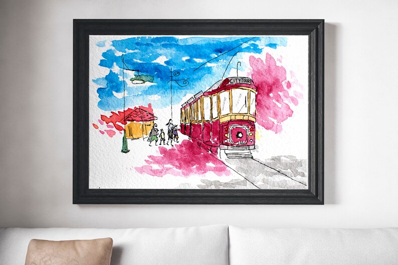 Christchurch Tram Sketch Print Vintage Train New Zealand | Etsy