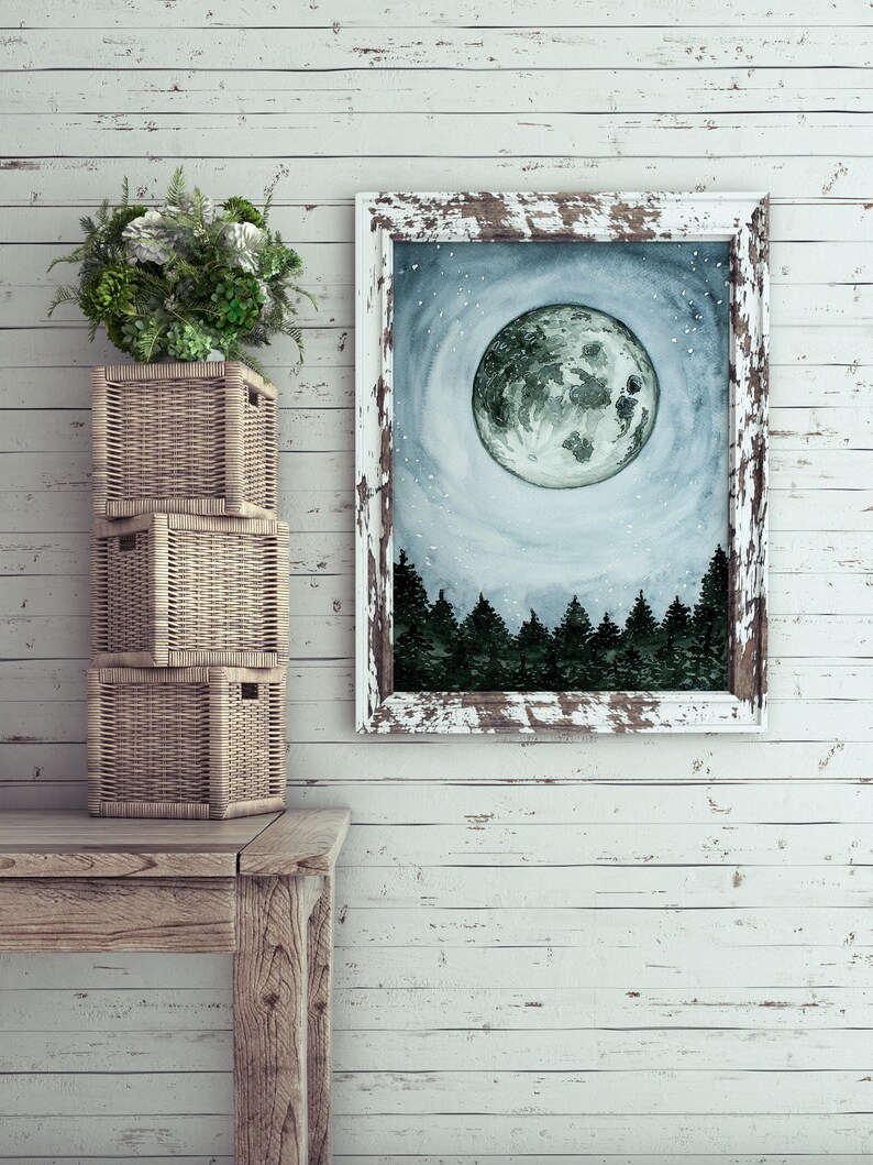 Moon Print Forest Painting Full Moon Print Large Framed | Etsy