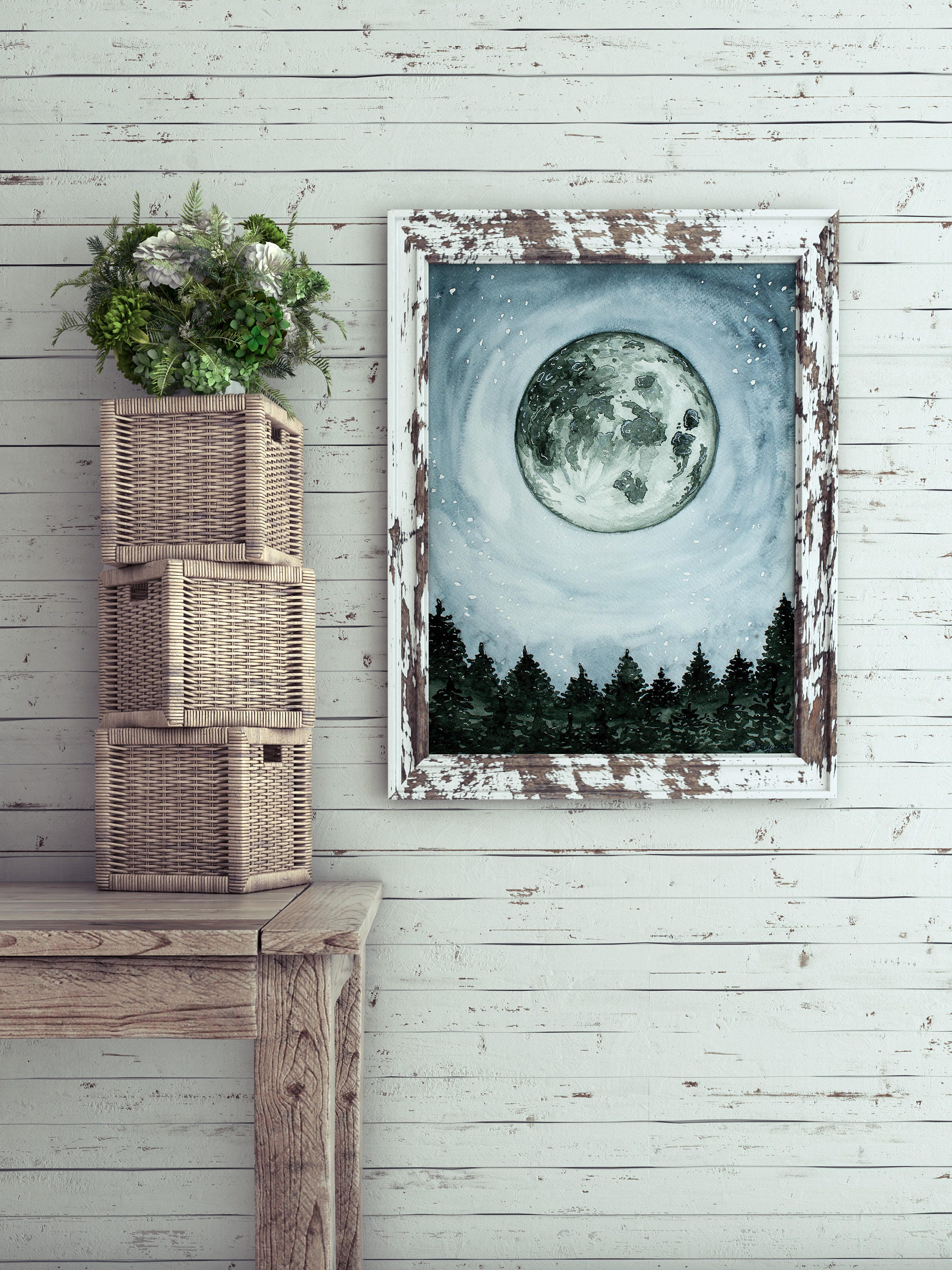 Moon Print, Forest Painting, Full Moon Print, Large Framed Poster ...