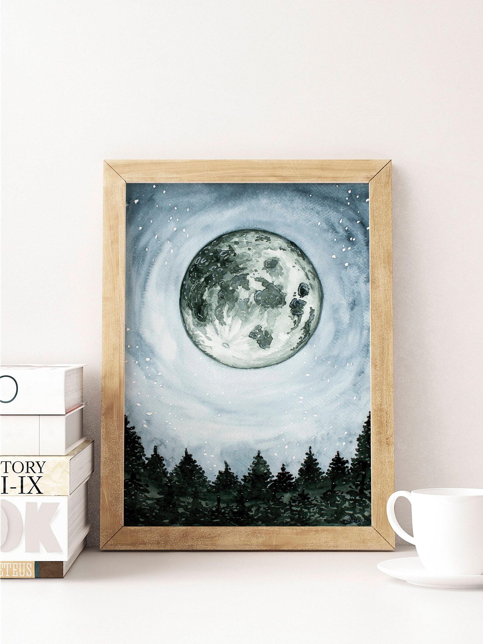 Moon Print Forest Painting Full Moon Print Large Framed | Etsy