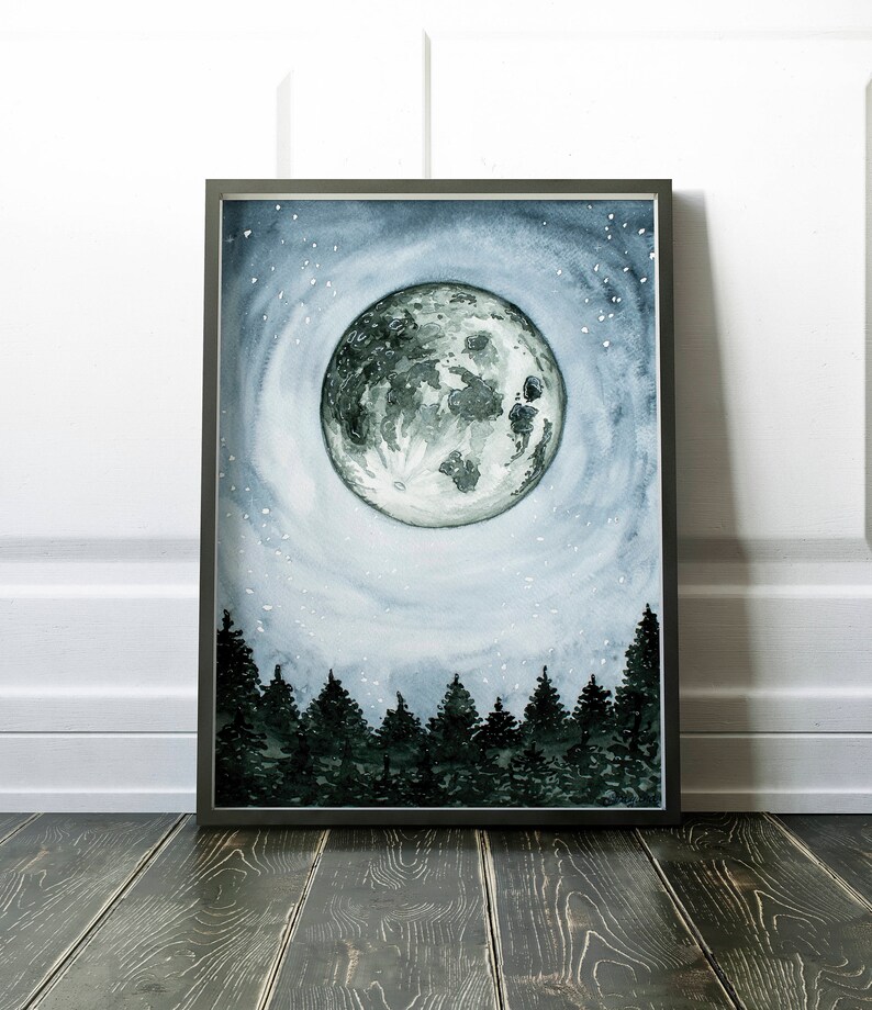 Moon Print Forest Painting Full Moon Print Large Framed | Etsy