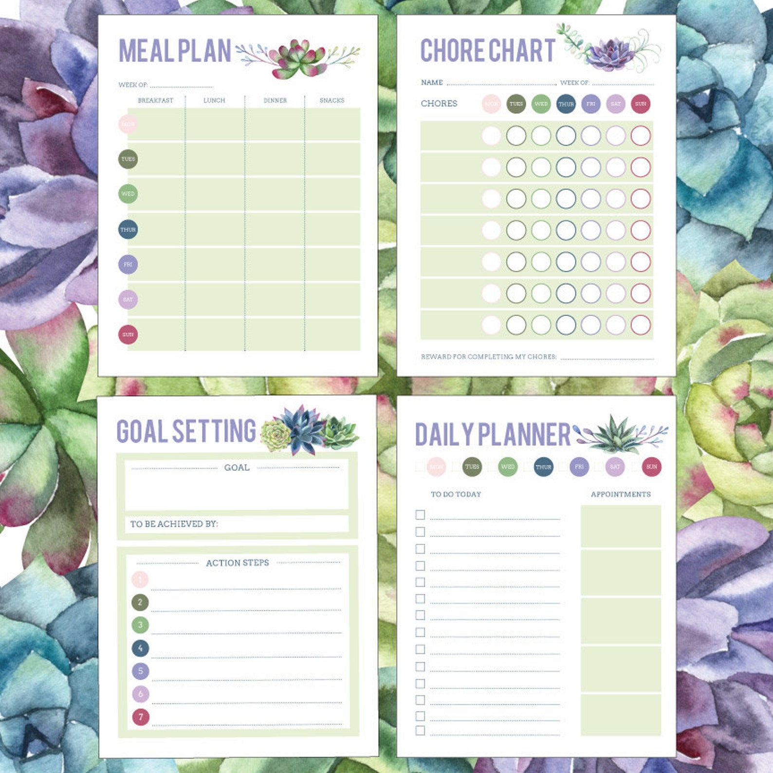 Printable, Succulent Themed Chore Chart, Meal Chart, Daily Planner, and ...