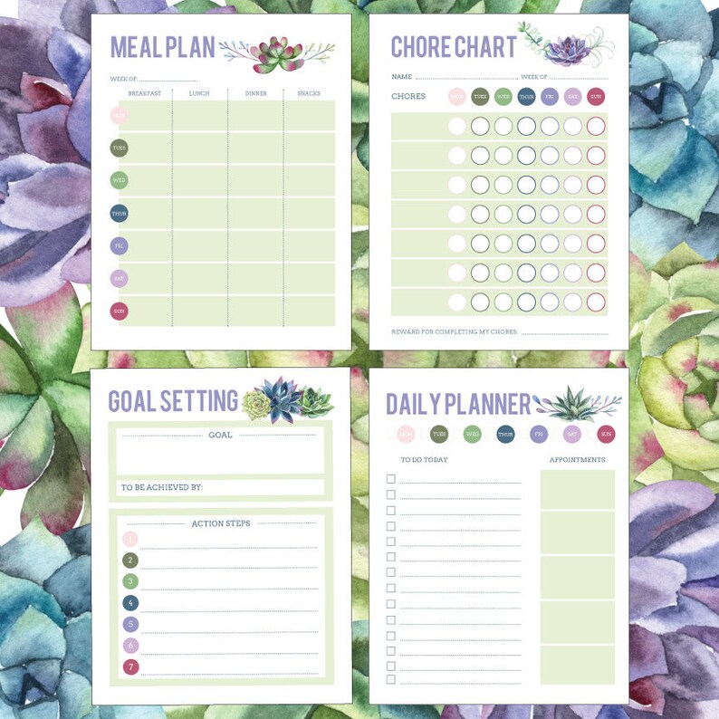 Printable, Succulent Themed Chore Chart, Meal Chart, Daily Planner, and ...