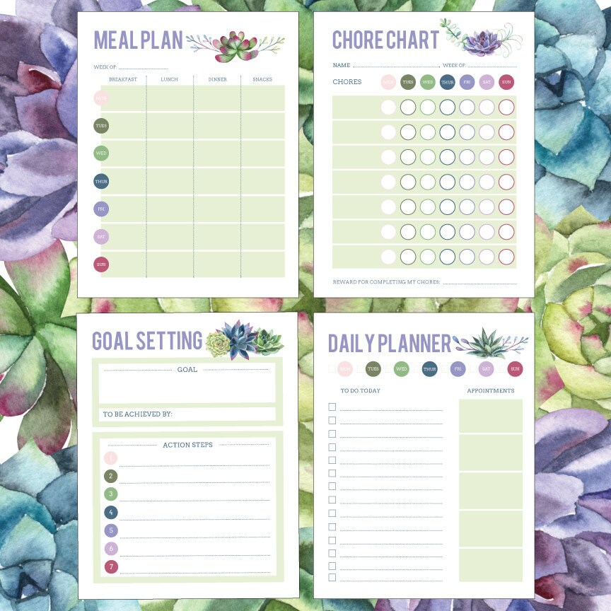 Printable, Succulent Themed Chore Chart, Meal Chart, Daily Planner, and ...