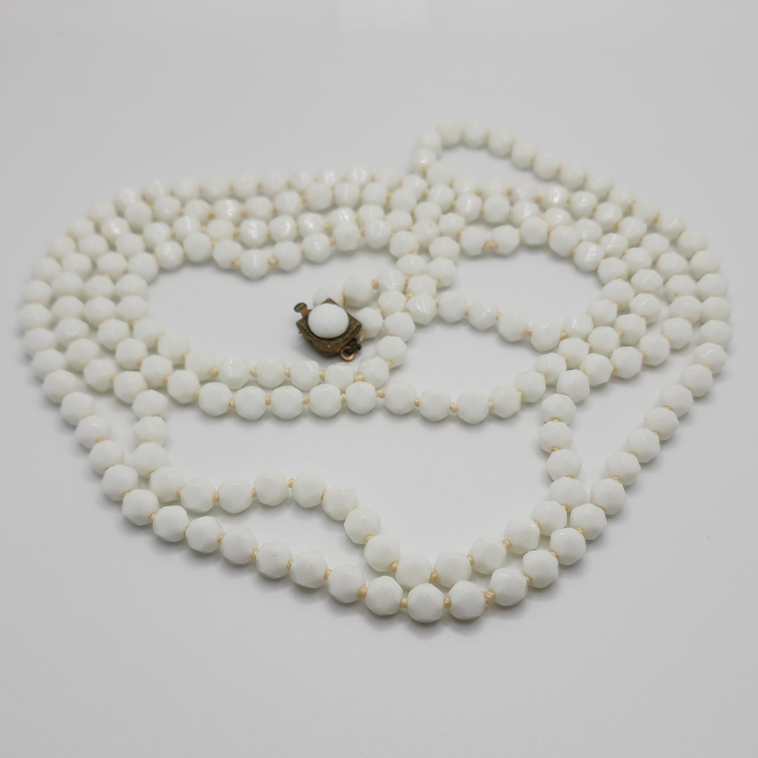 Antique White Bohemian Glass Flapper Necklace: Hand Knotted Sautoir ...