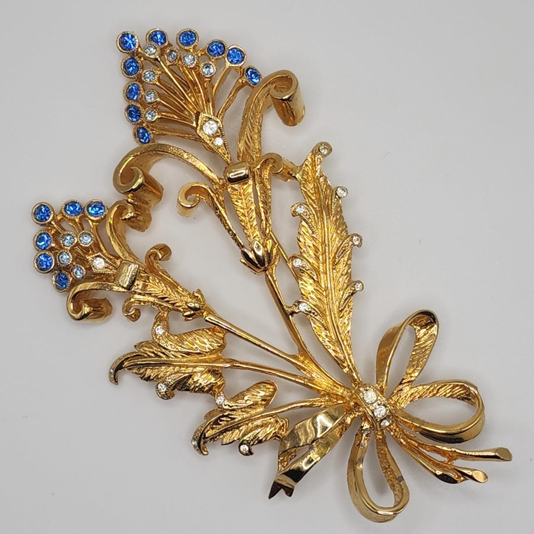 Massive IVANA TRUMP Brooch Golden Floral Stems With Bow Blue Crystal ...