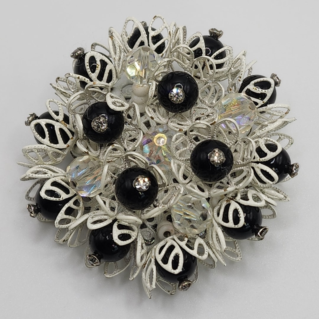 VENDOME Flower Brooch Black White AB Cluster Pin Gift for Vintage ...