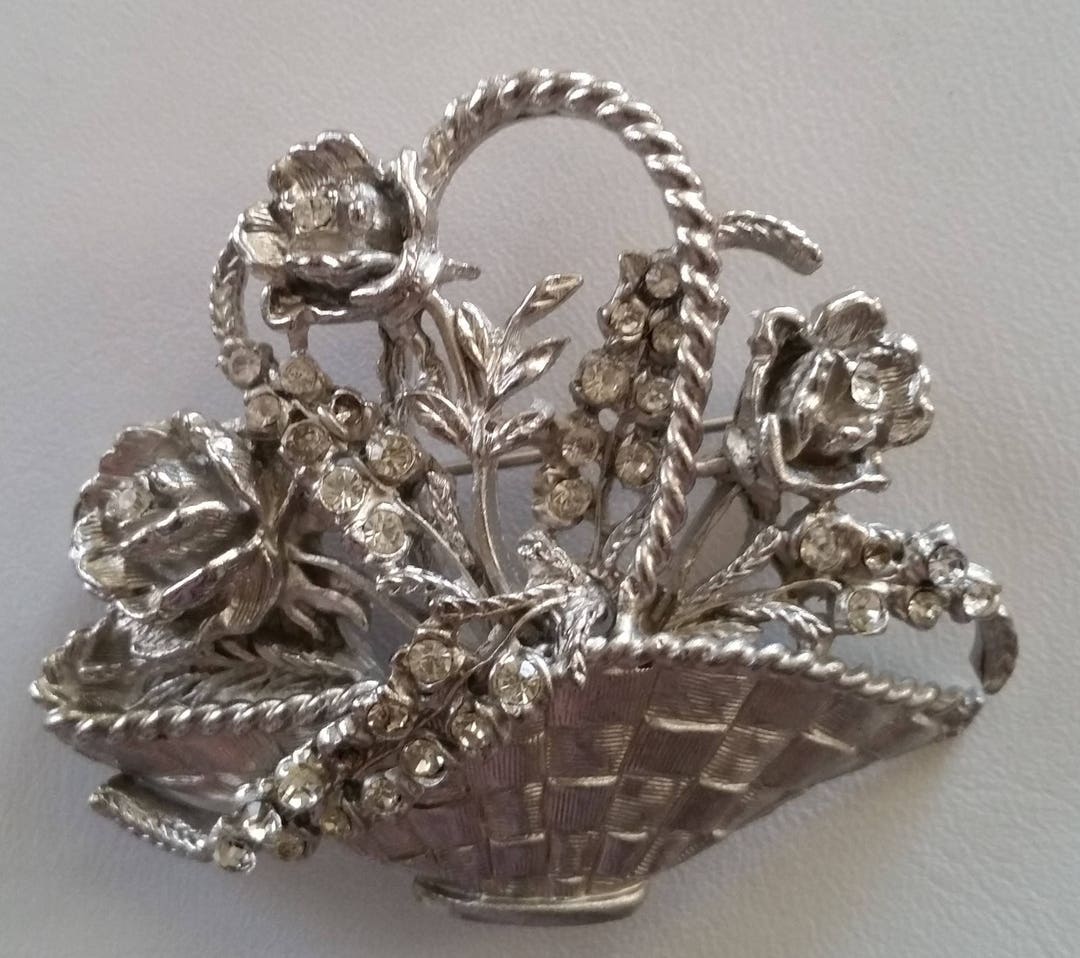 THELMA DEUTSCH Brimming With Roses Flower Basket Silvery Rhinestone ...