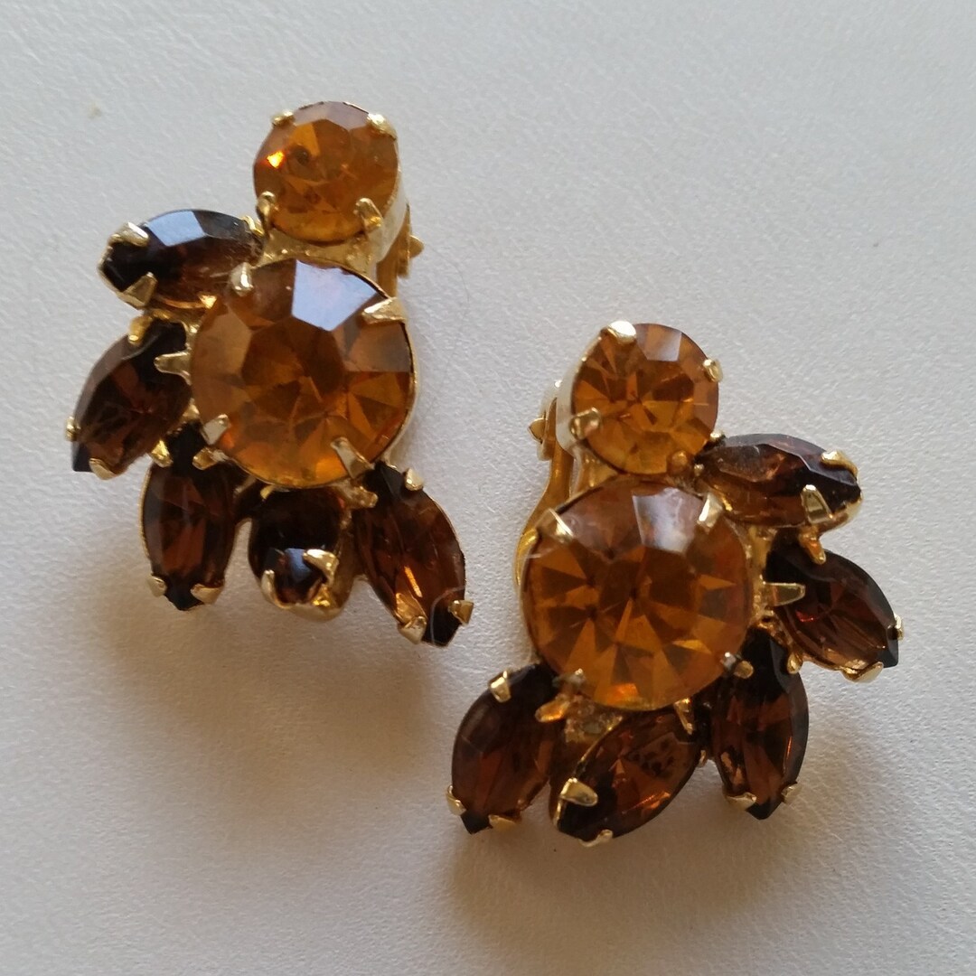 MID CENTURY Golden Topaz Crystal Rhinestone Earrings Gift for the ...