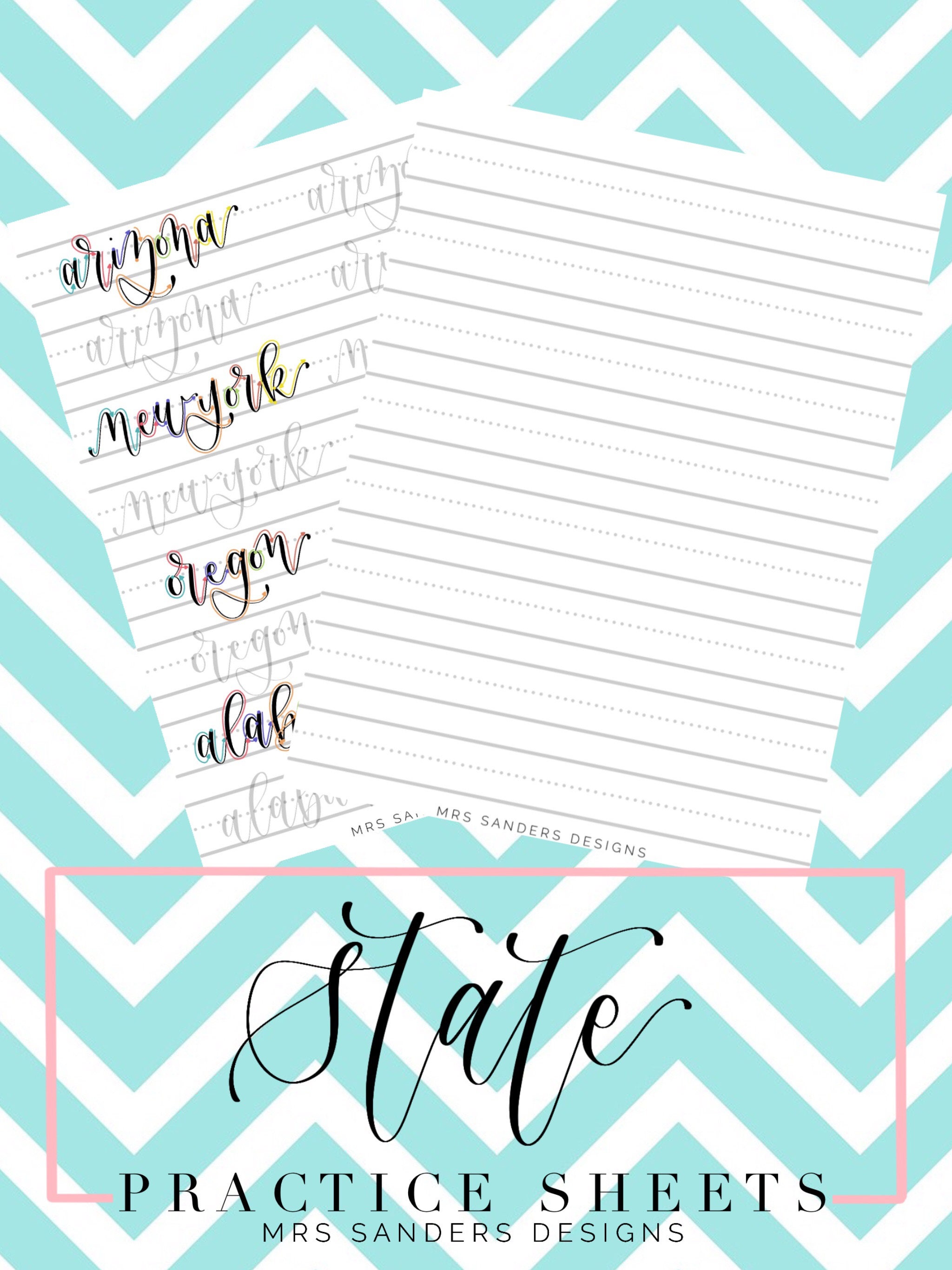 States Brush Lettering Worksheets, Calligraphy Lettering Guide ...