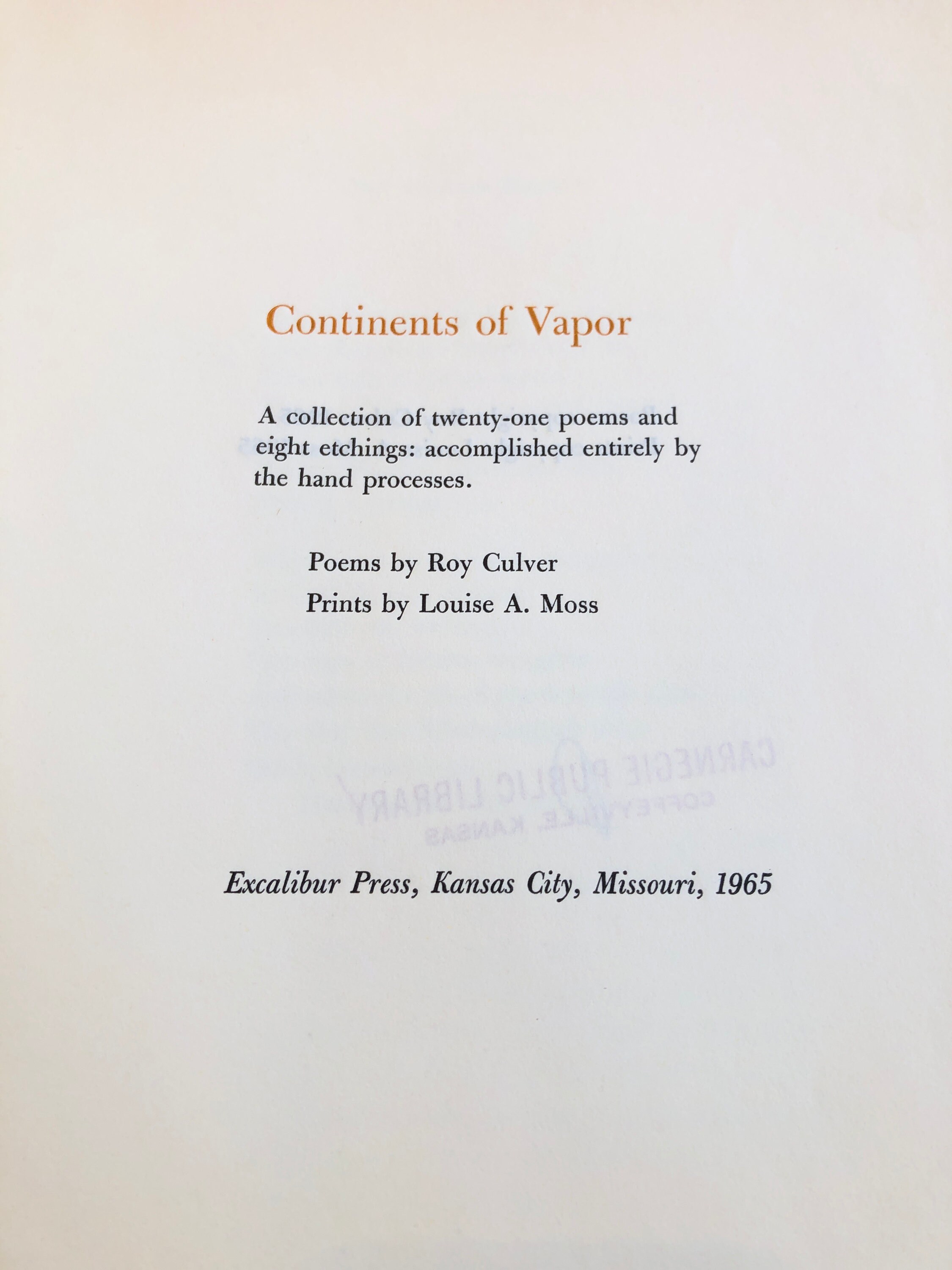 1965, Scarce, Limited Edition, CONTINENTS OF VAPOR, Poems by Roy Culver ...