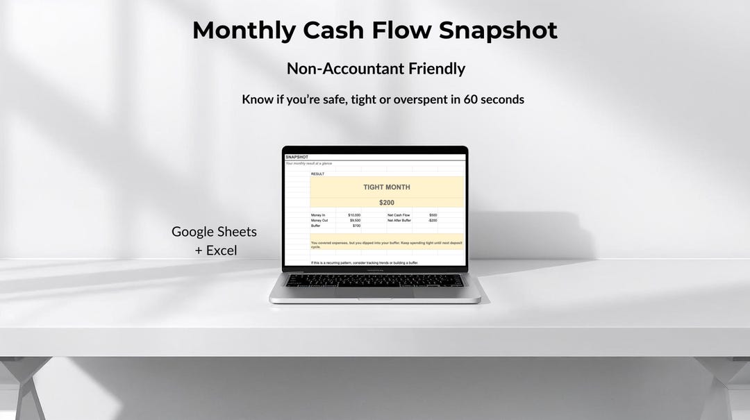 Monthly Cash Flow Snapshot Spreadsheet | Simple Money in Vs Out Tracker ...