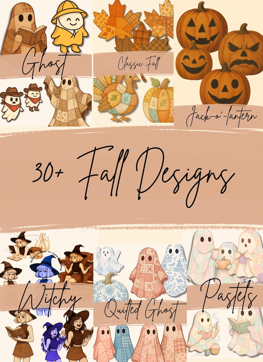 Fall & Halloween Clipart Bundle: Quilted Ghosts, Witchy Illustrations ...