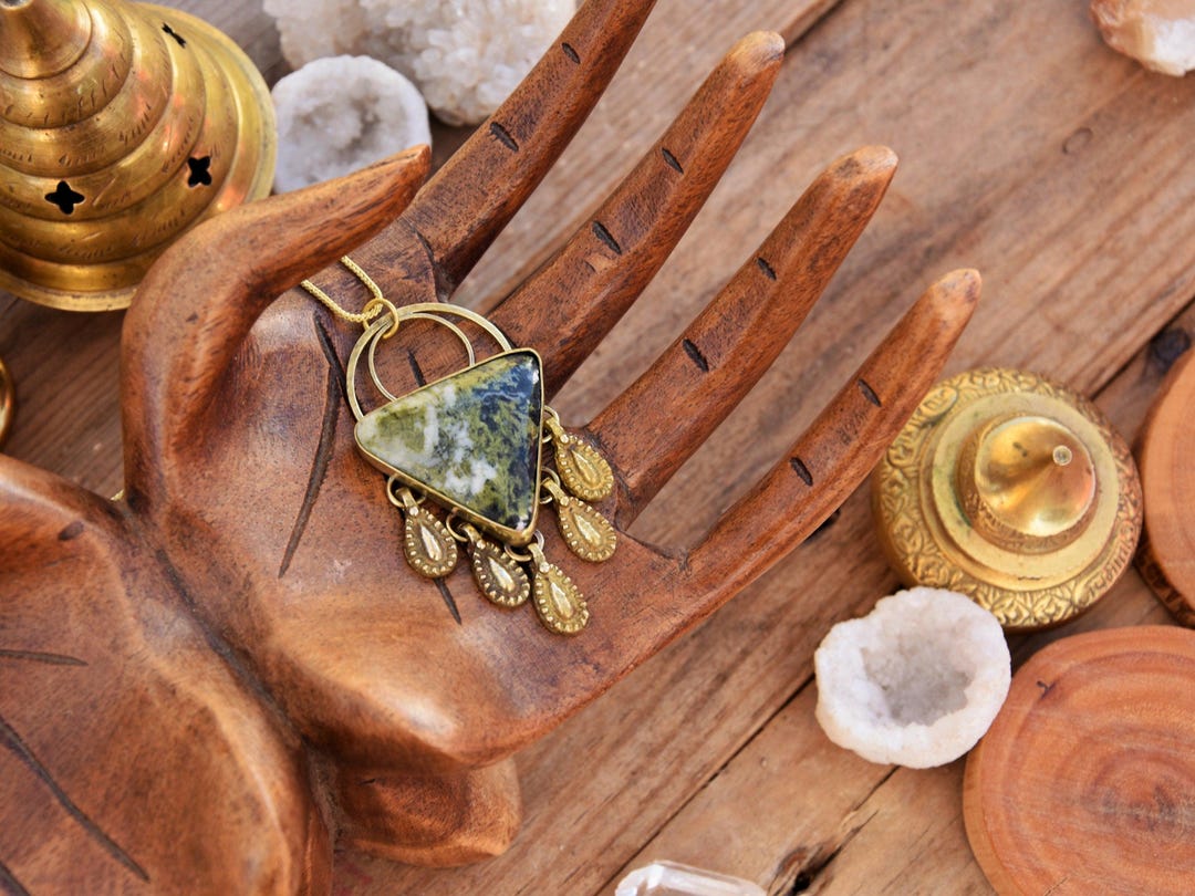 Tribal Brass Gemstone Pendant With Dangling Charms | Ethnic Gemstone ...