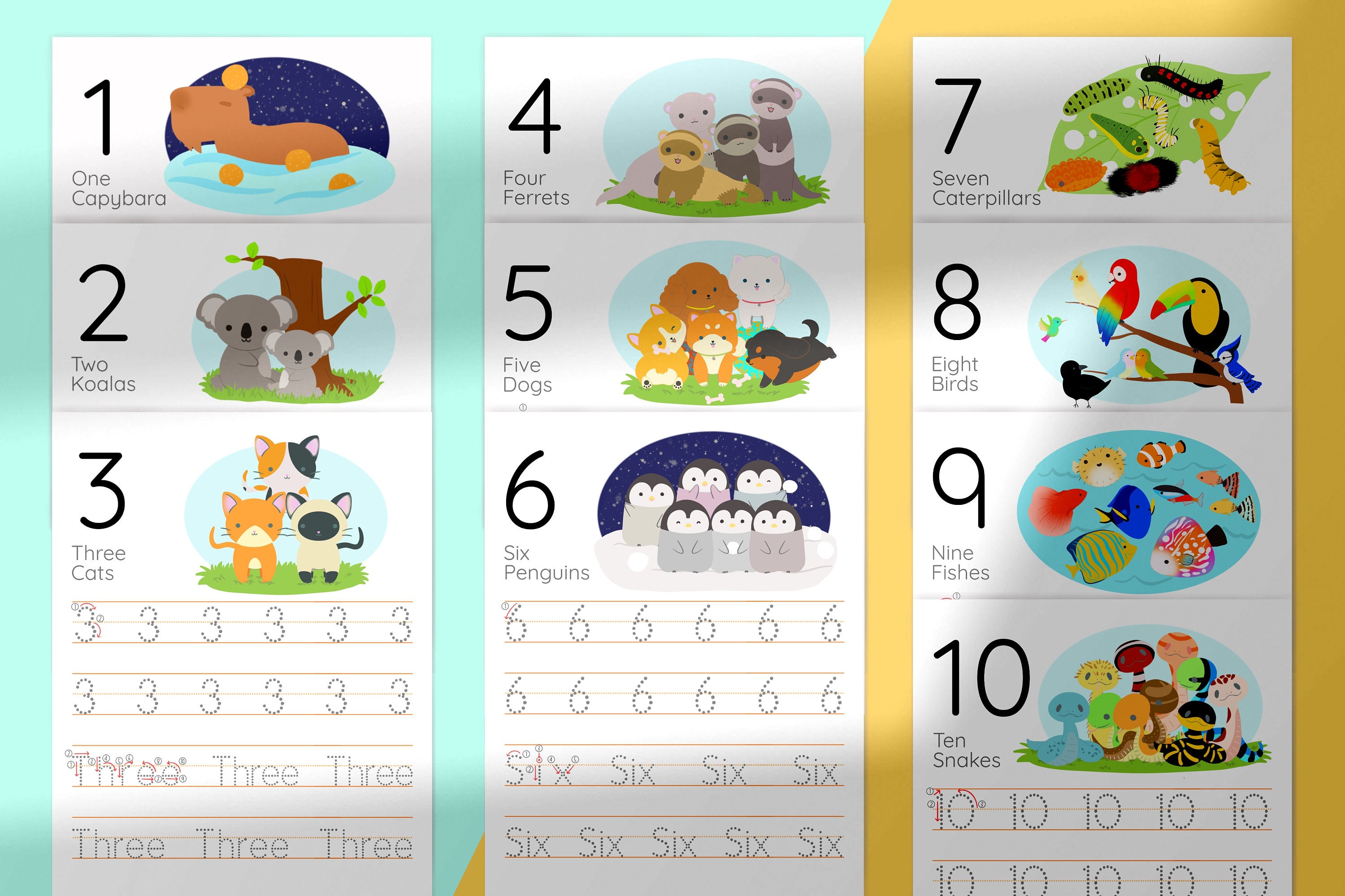 1-10 Tracing Sheets, Number Tracing Sheets, Animal Tracing Sheets, Cute ...