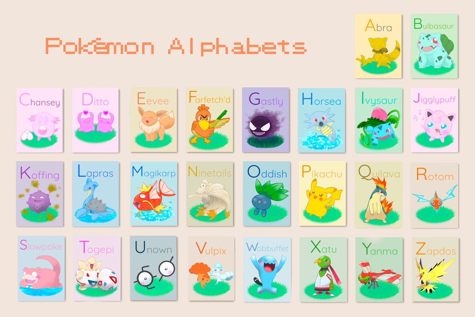 PRINTABLE Pokemon Alphabet Flashcard, Double-sided, Fan Art, Digital ...