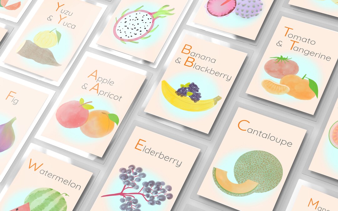 Fruit Alphabet Flashcard, Double-sided, ABC, Flash Card, Watercolor ...