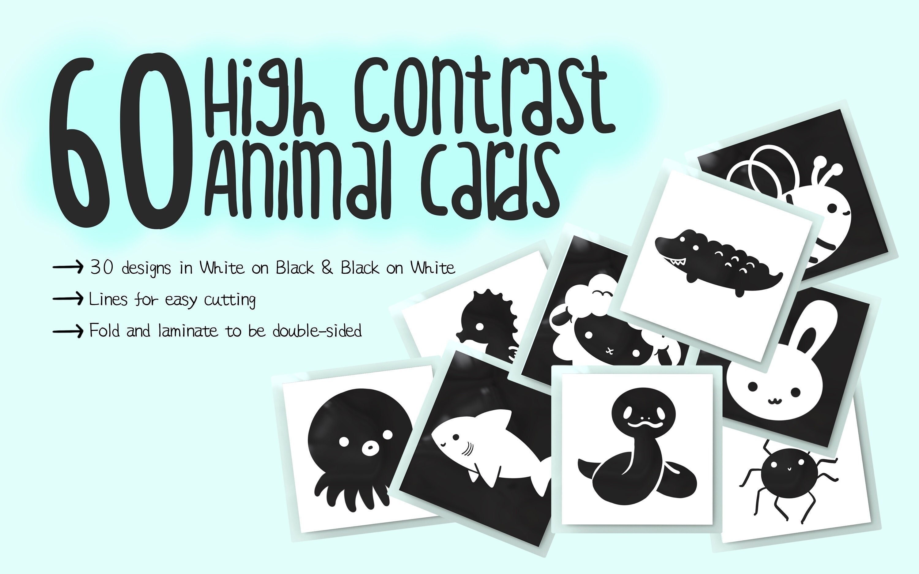 High Contrast Animal Black and White Baby Cards, Animal Flashcards ...