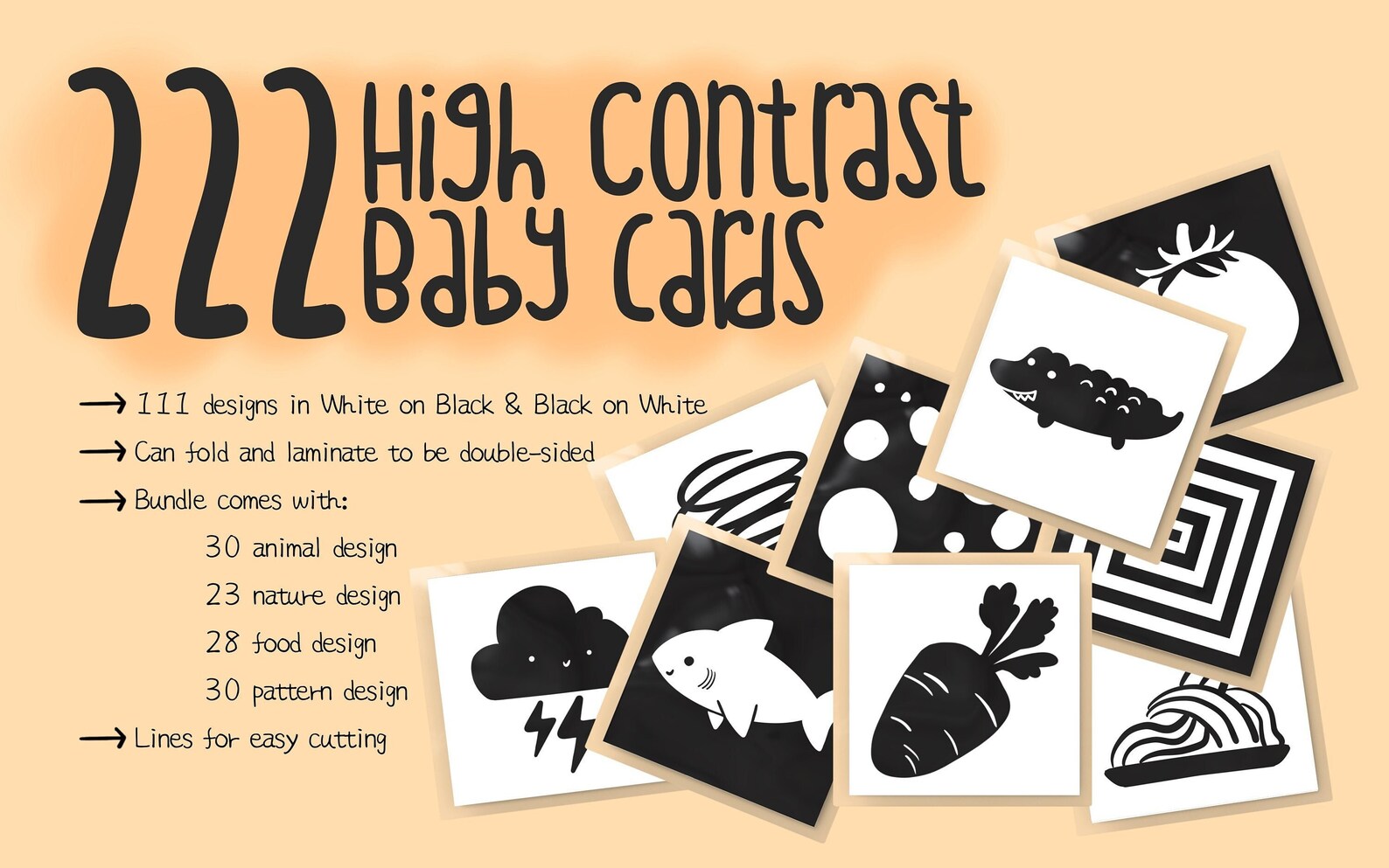 High Contrast Black and White Baby Cards, Animal, Nature, Food, Pattern ...