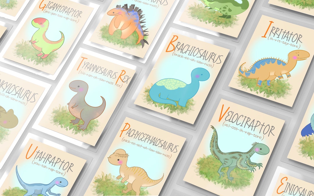PRINTABLE Dinosaur Alphabet Flashcard, Double-sided, Cute Dinosaur ...
