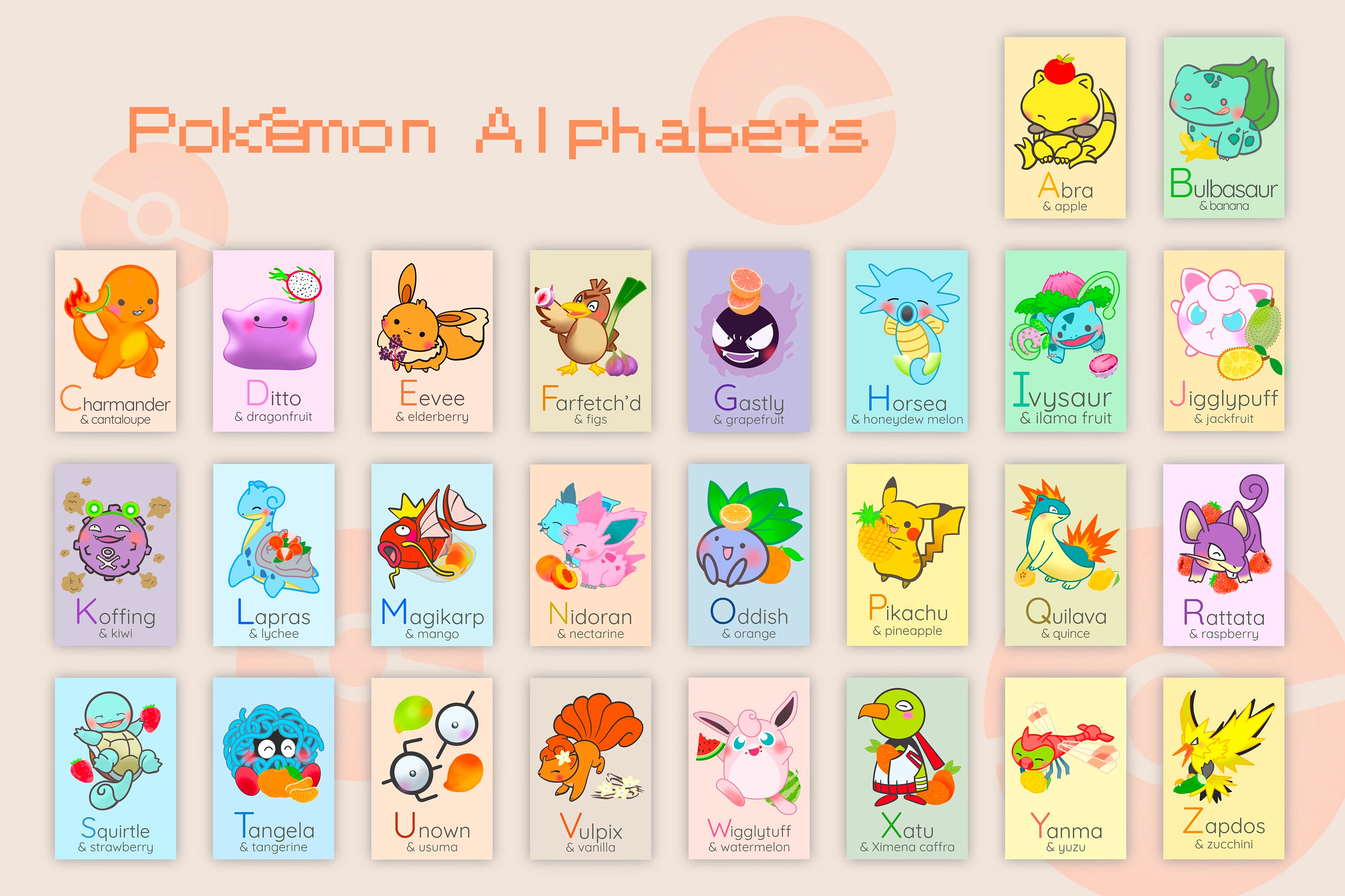 PRINTABLE Pokemon Alphabet Flashcard, Fruit Alphabet, Double-sided, Fan ...