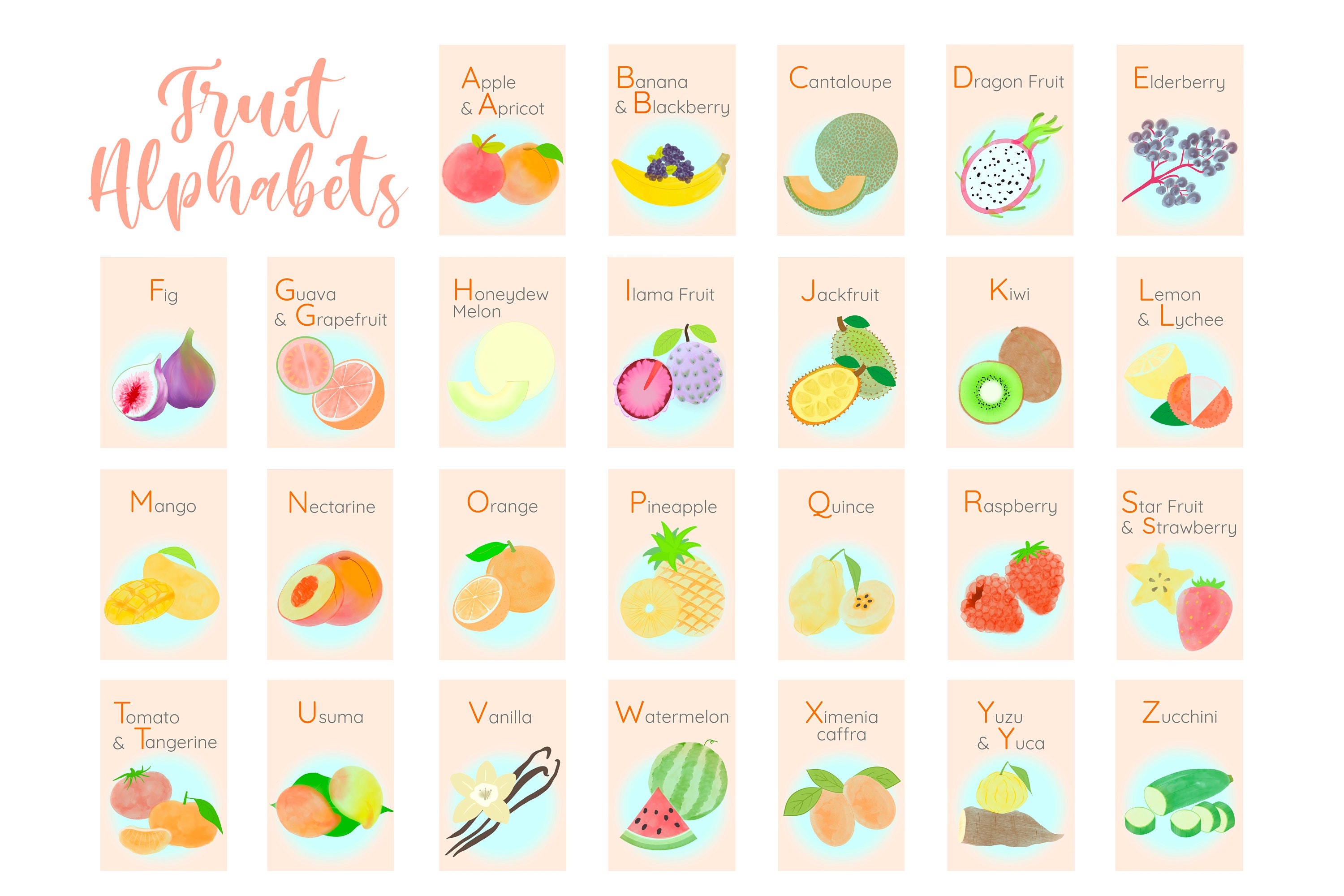 Fruit Alphabet Flashcard, Double-sided, ABC, Flash Card, Watercolor ...