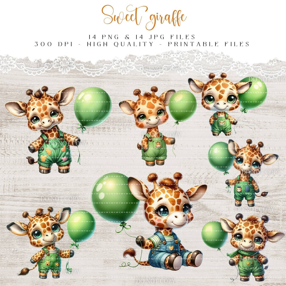 Sweet Baby Giraffe PNG Clipart Set, 14 Printable Digital Illustrations ...