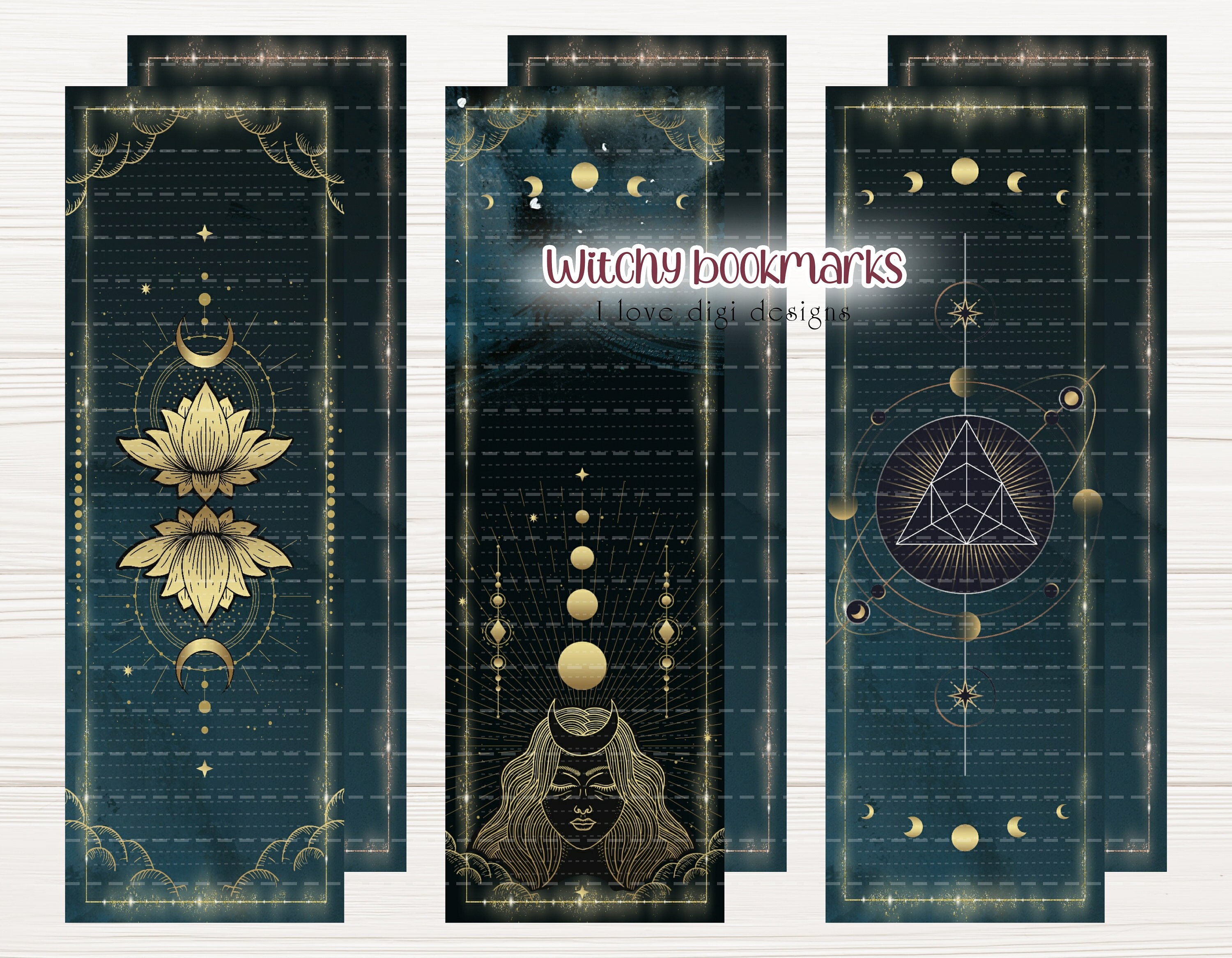 Witchy Mystical Printable Bookmarks Moon Goddess and Lotus - Etsy