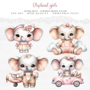 Baby Elephants Girls Clipart Set, Watercolor 23 PNG With Cute Pastel ...