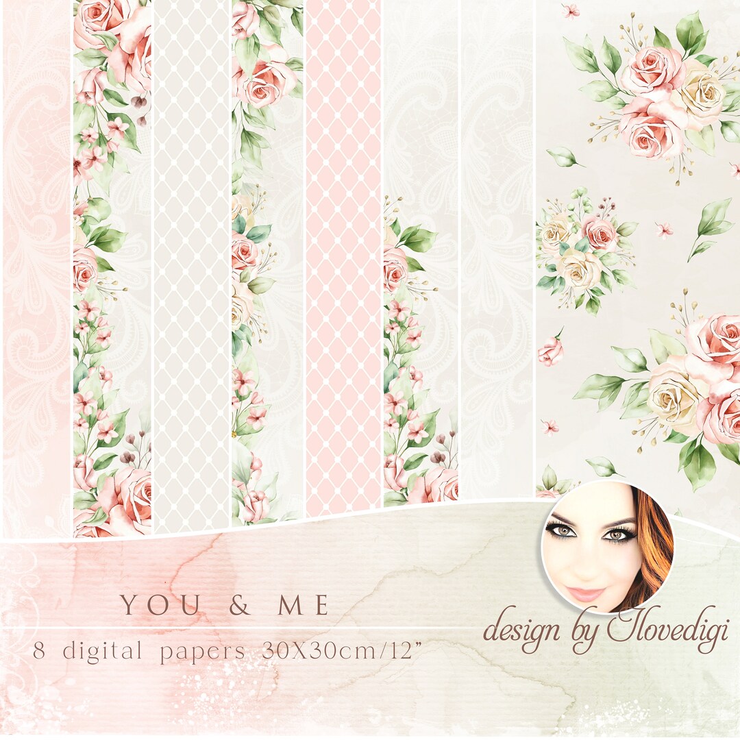 Pink and Beige Roses Floral Wedding Digital Papers, Printable Scrapbook ...