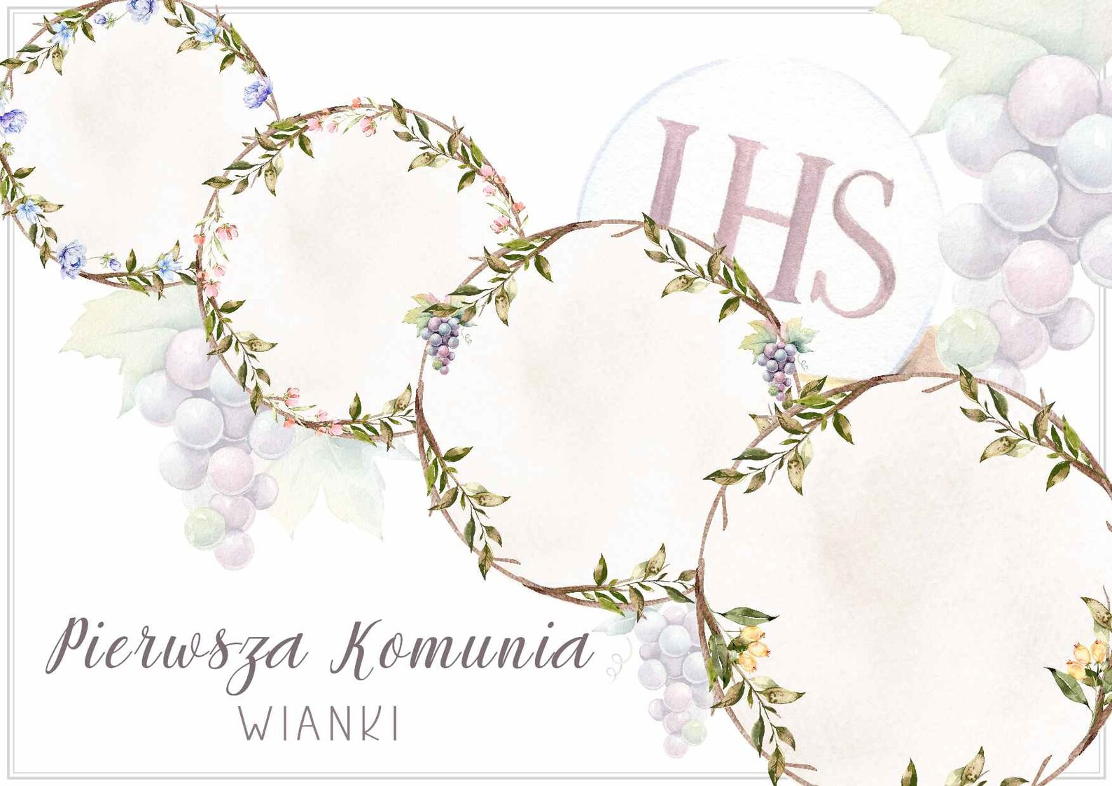 First Holy Communion Watercolor Wreaths, Green Leaf With Grapes ...