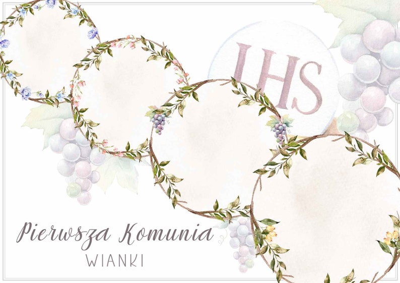 First Holy Communion Watercolor Wreaths, Green Leaf With Grapes ...
