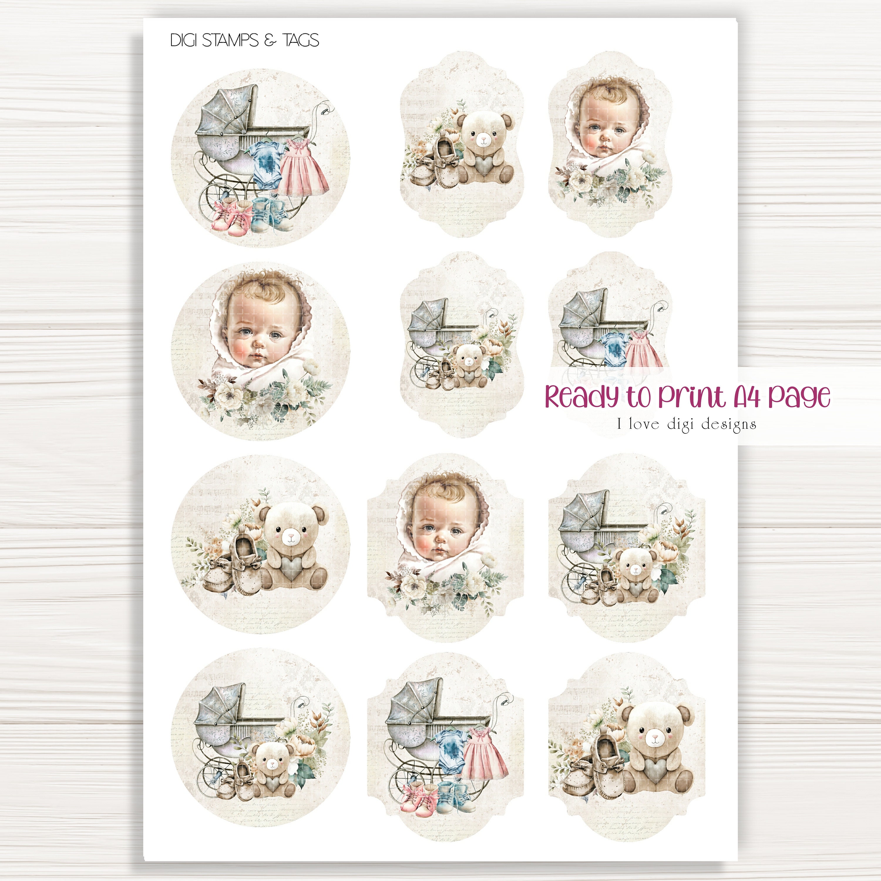 New Born Printable Collage Sheet, Unisex Baby Shower Tags for Muffin ...