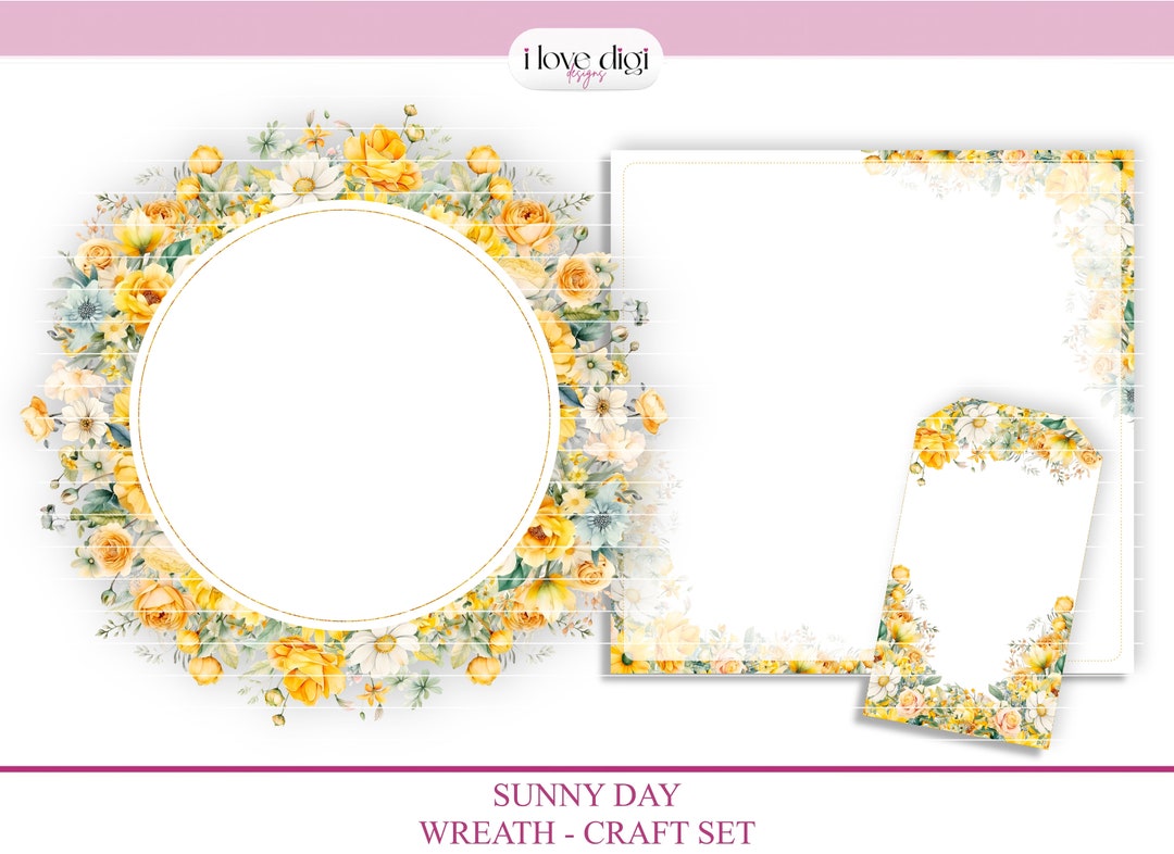 Sunny Day Flowery Wreath Set for Greeting Cards, Spring Floral Papers ...