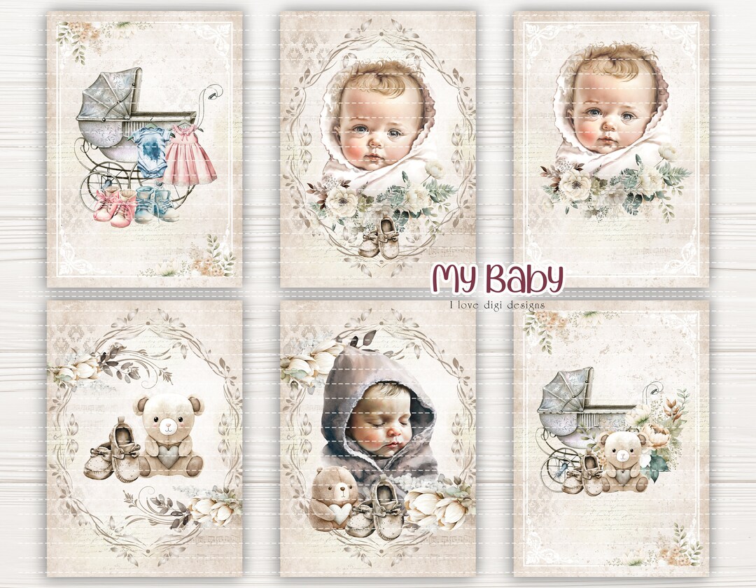 Pastel Shabby Chic Junk Journal Cards, Baby Unisex Motifs on Pack for ...