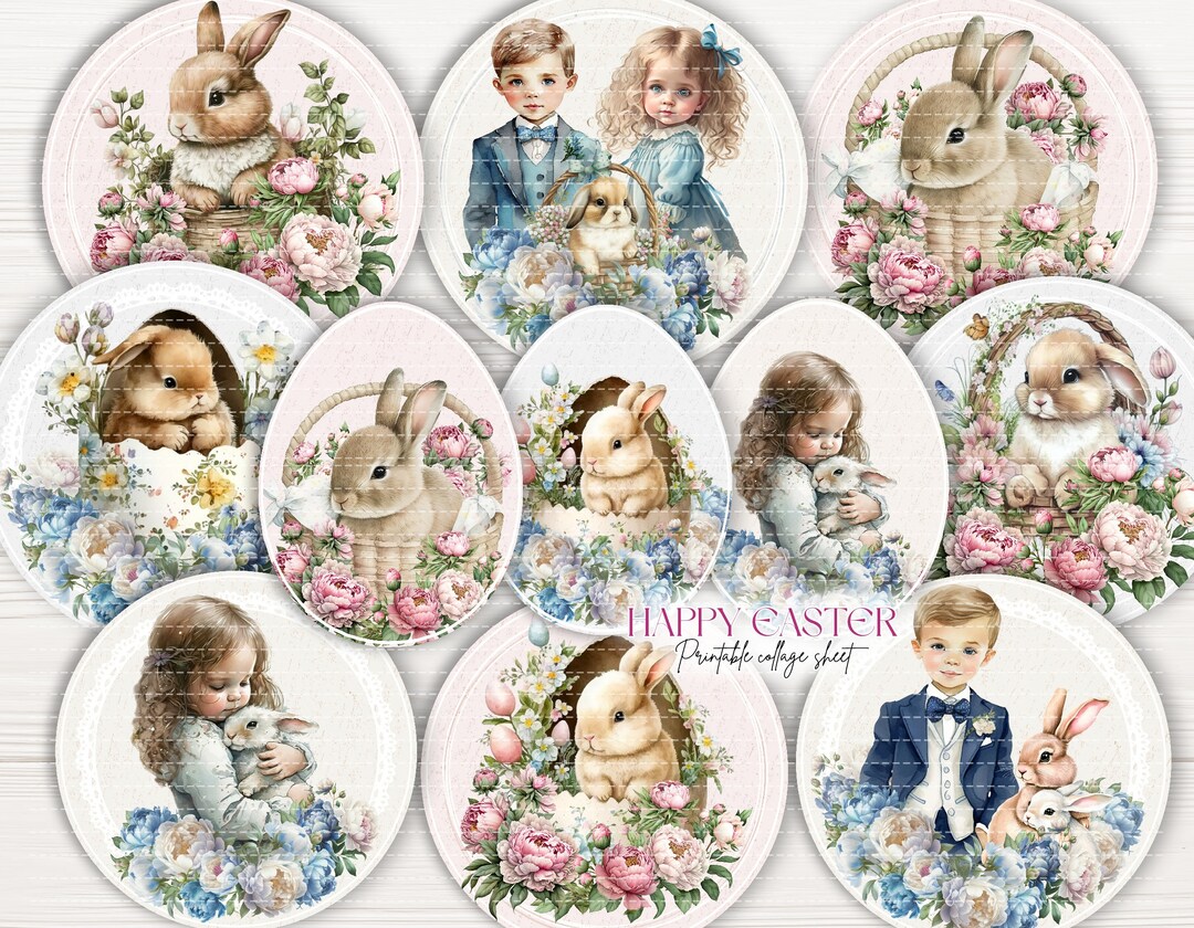 Cute Bunny Digital Collage Sheet, Easter Motif With Watercolour ...