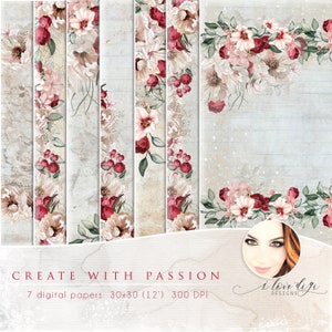 Shabby Chic Floral Digital Paper Set, Printable Scrapbooking Art ...