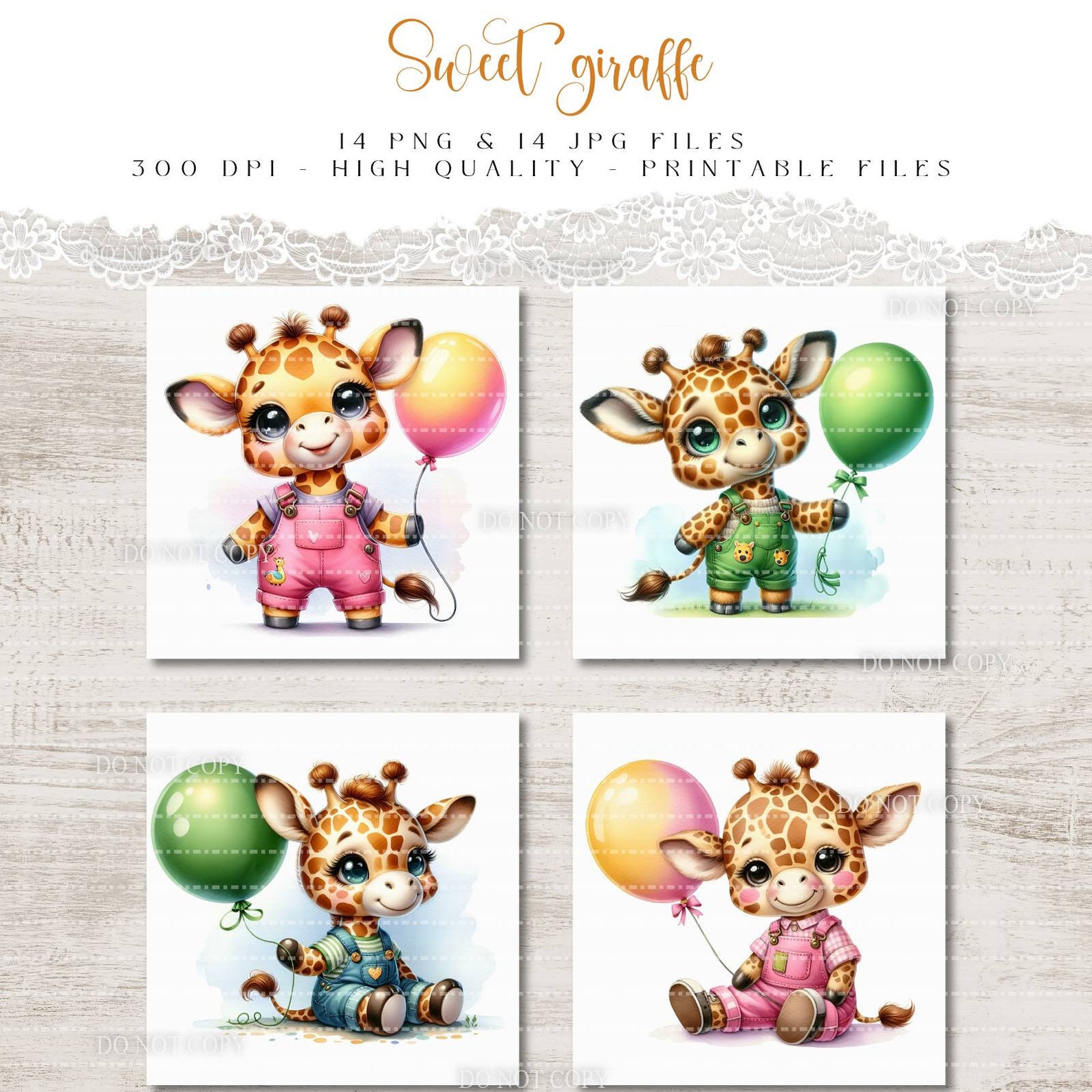 Sweet Baby Giraffe PNG Clipart Set, 14 Printable Digital Illustrations ...