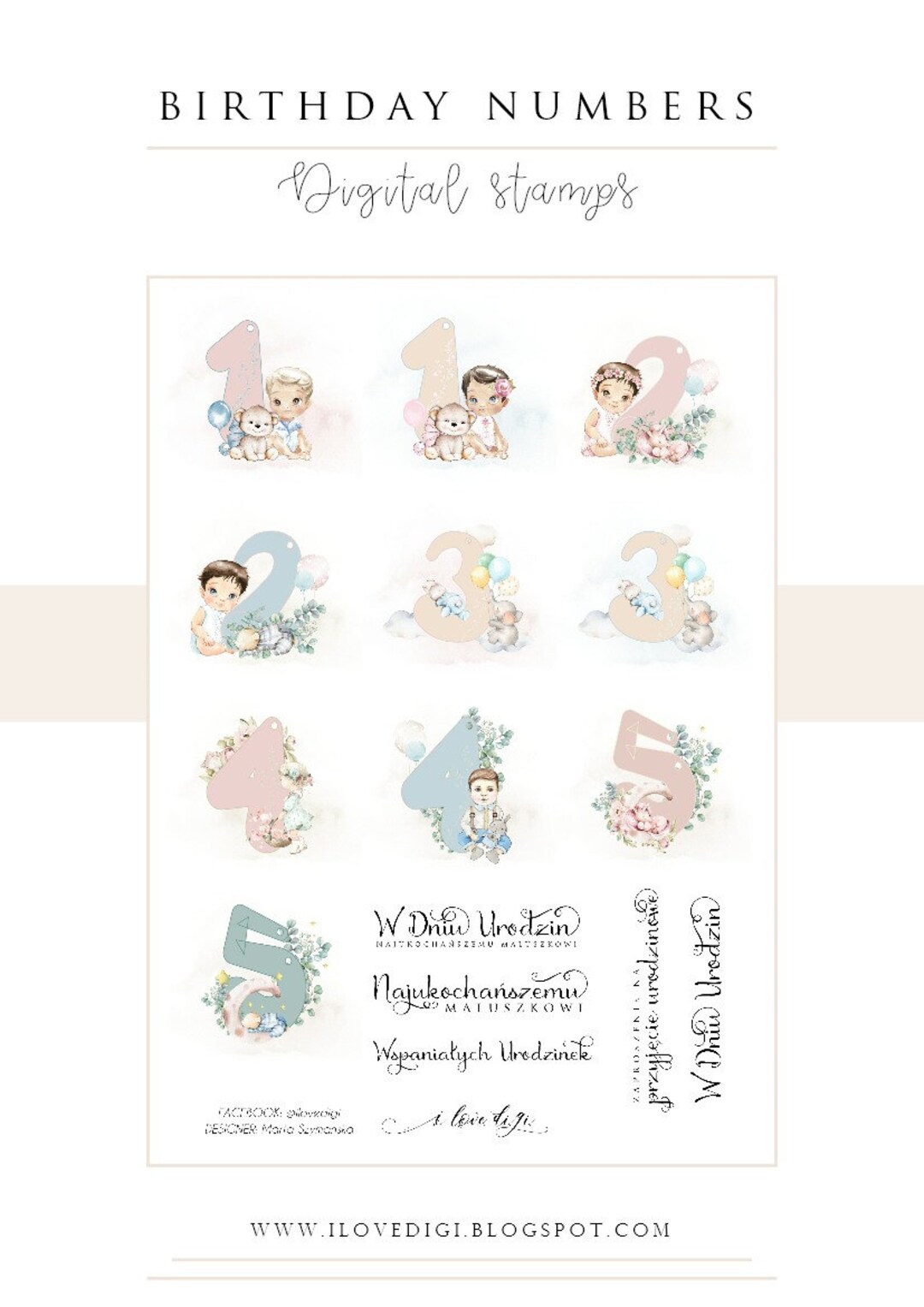 Birthday Numbers Illustrations With Children, Printable Watercolor ...