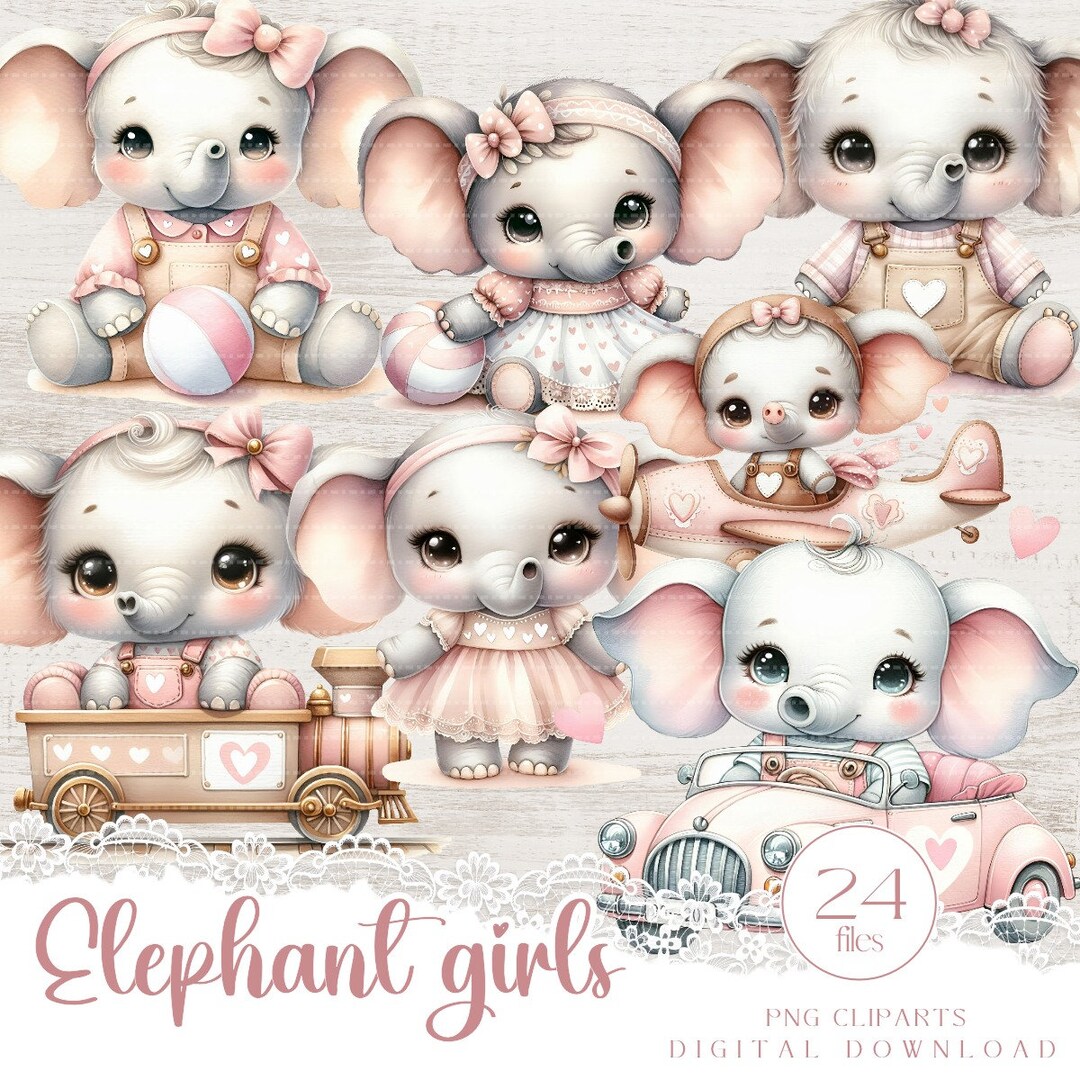 Baby Elephants Girls Clipart Set, Watercolor 23 PNG With Cute Pastel ...