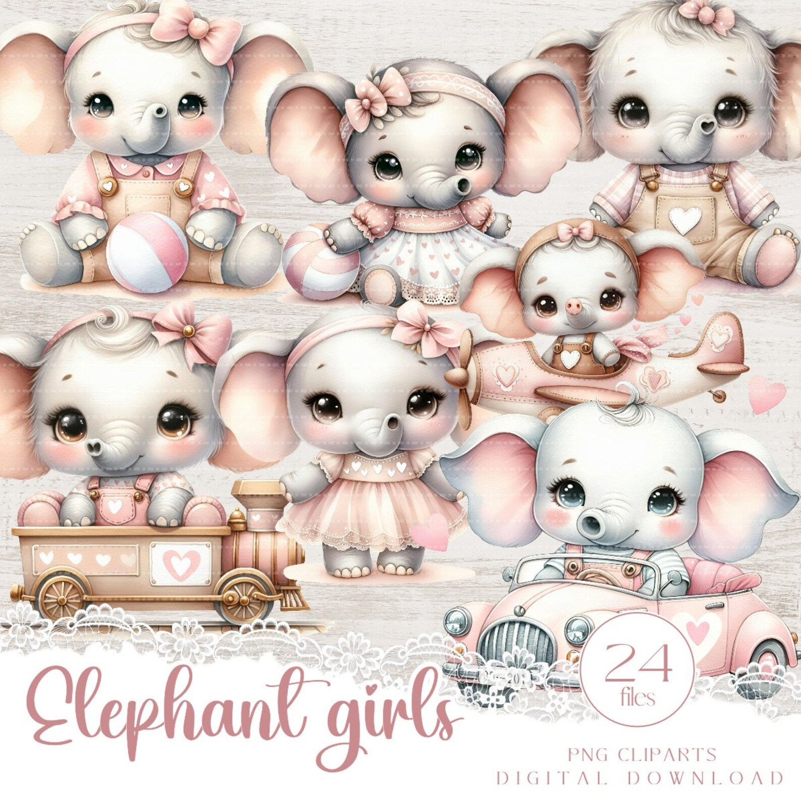 Baby Elephants Girls Clipart Set, Watercolor 23 PNG With Cute Pastel ...