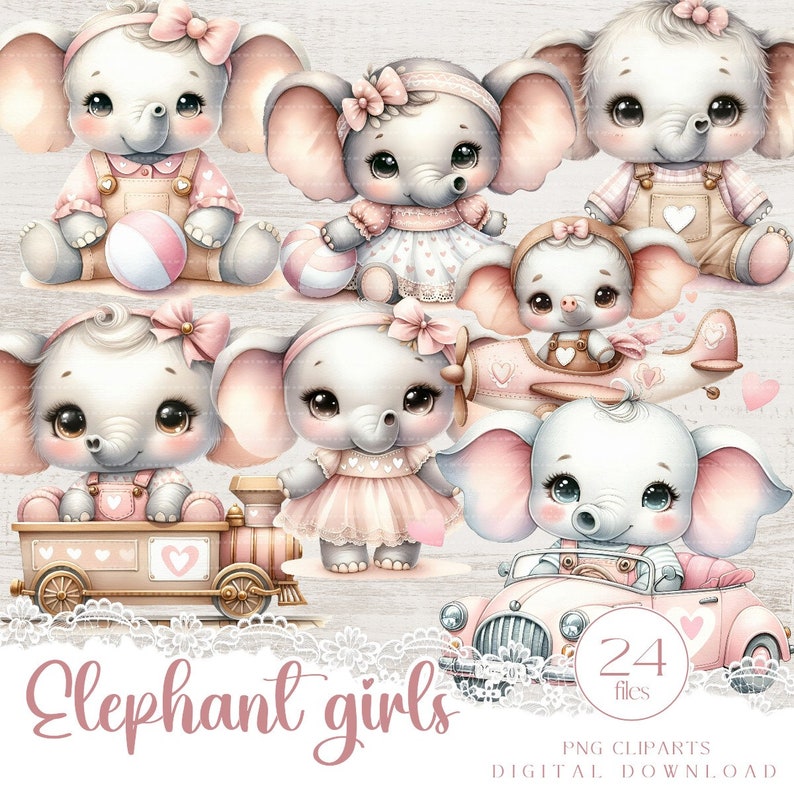 Baby Elephants Girls Clipart Set, Watercolor 23 PNG With Cute Pastel ...