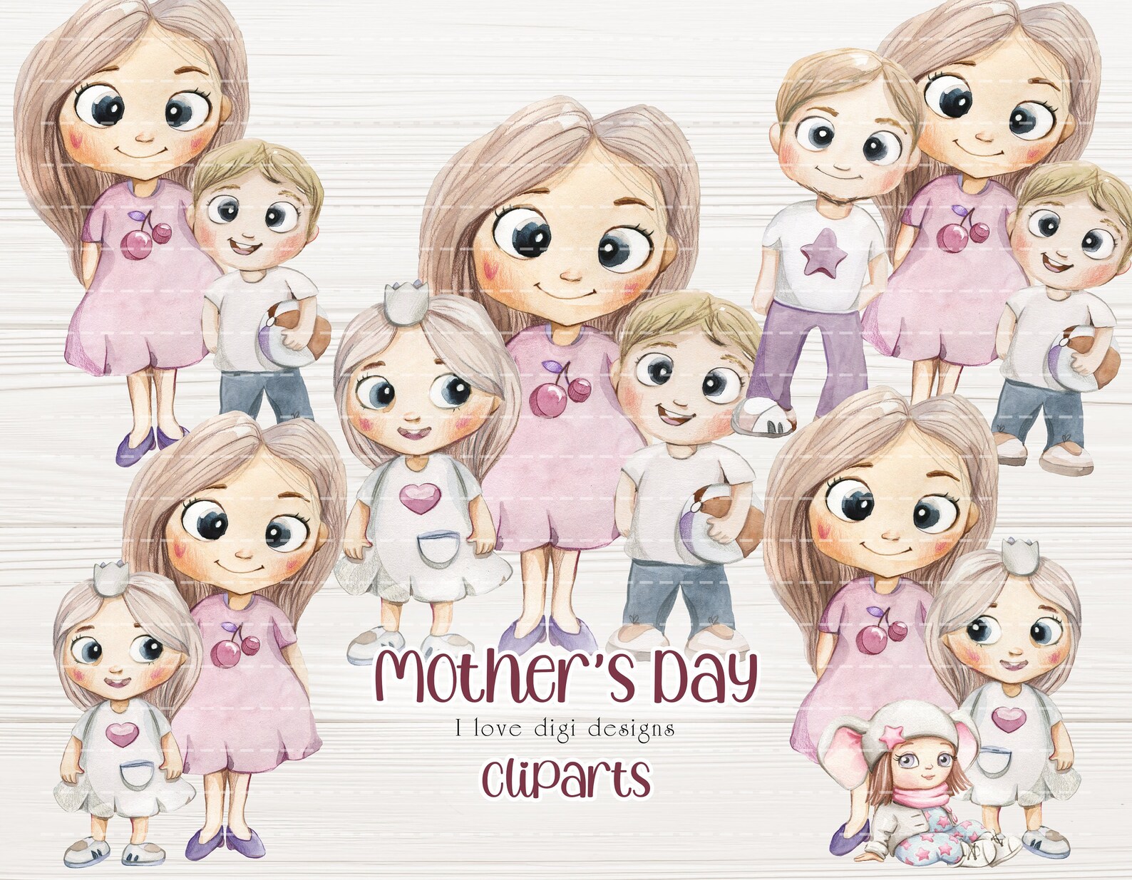 Mother's Day Clipart Set, Mother and Daughter Watercolour Images, Mommy ...